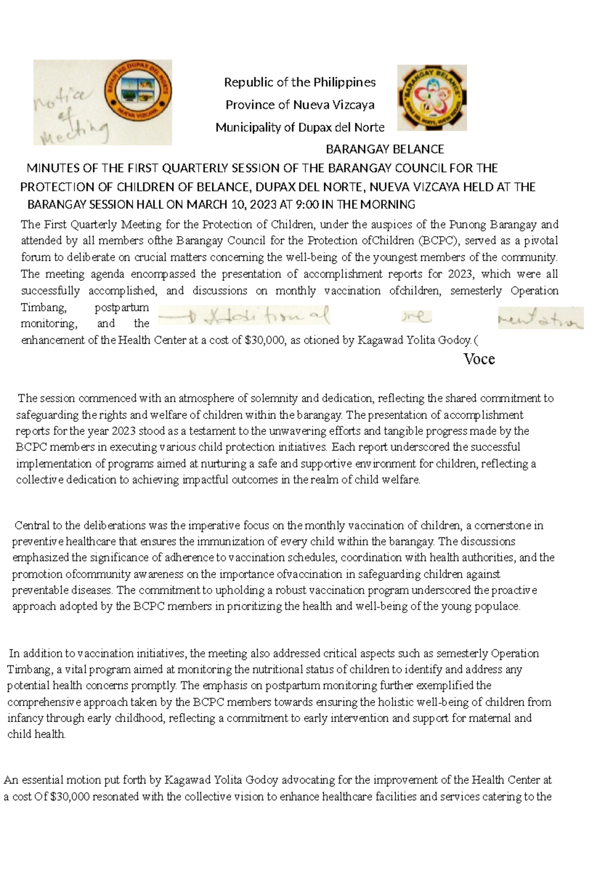 Bcpc ist quarter - Minutes of meeting - Republic of the Philippines ...