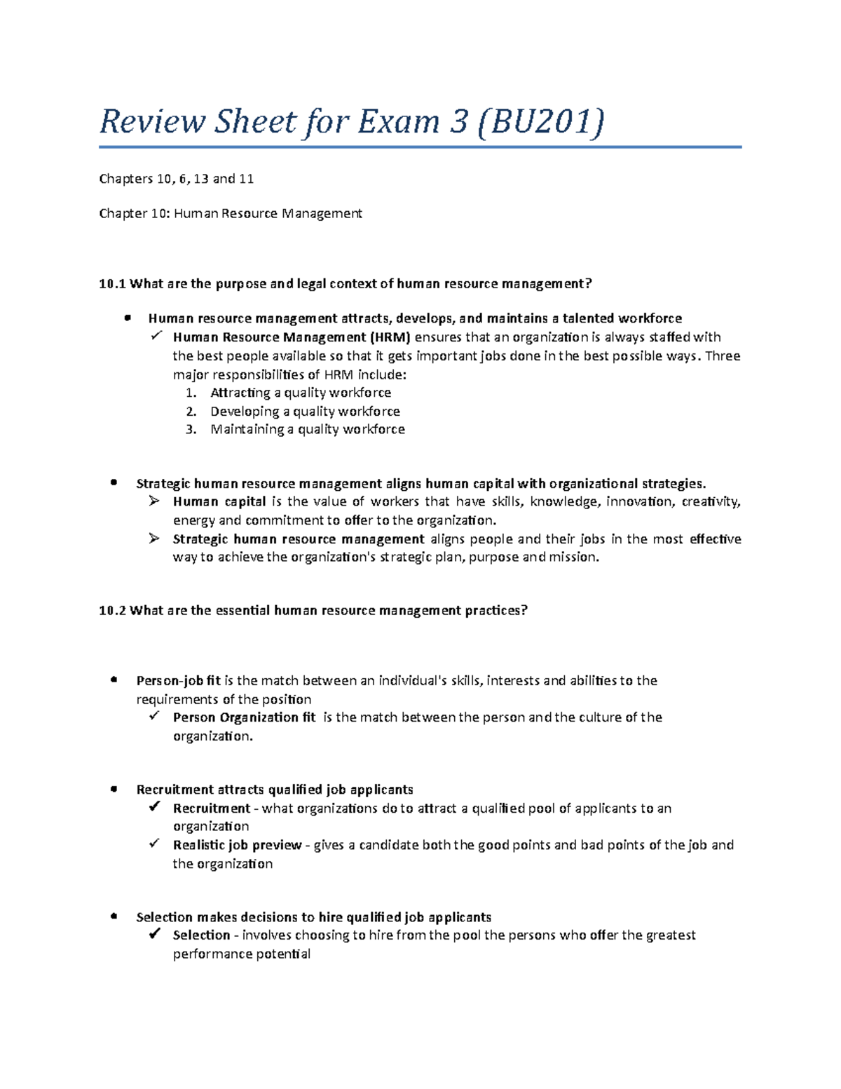 Review Sheet for Exam 3 ch 10.6 - Review Sheet for Exam 3 (BU201 ...