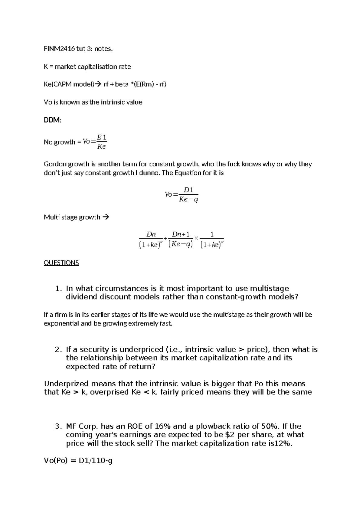 FINM2416 tut 3 - K = market capitalisation rate Ke(CAPM model) rf ...
