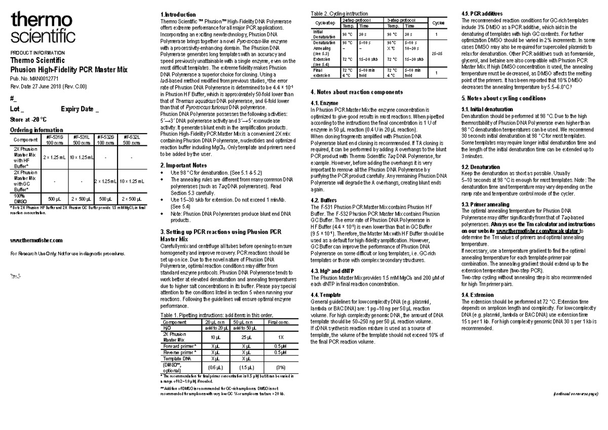 MAN0012771 Phusion Hi Fi PCR Master Mix 100rxn UG - PRODUCT INFORMATION ...