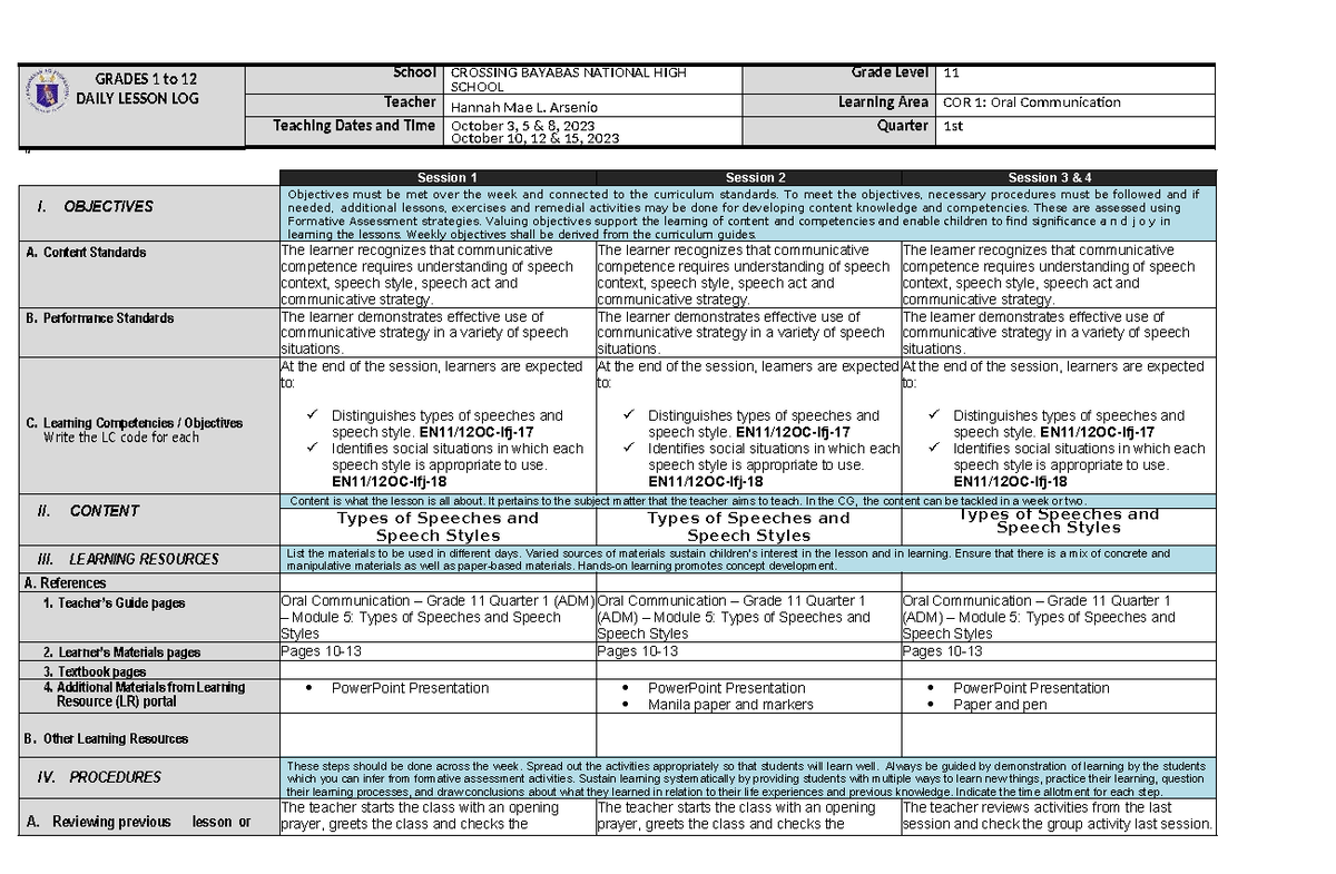 DLL Oral Com Week 5 6 - ORAL COM DLP - GRADES 1 to 12 DAILY LESSON LOG ...