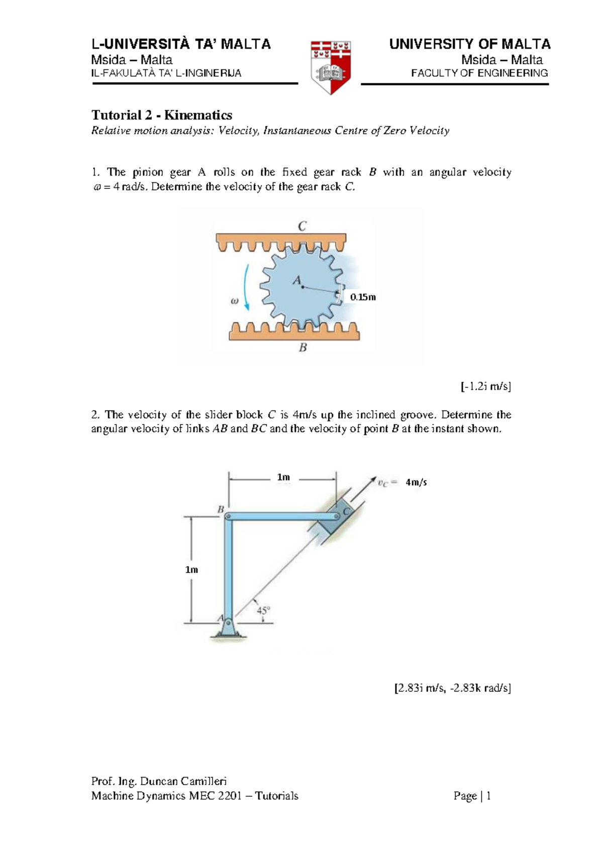 Tutorial 2 Kinematics Relative Motion Analysis Velocity Msida