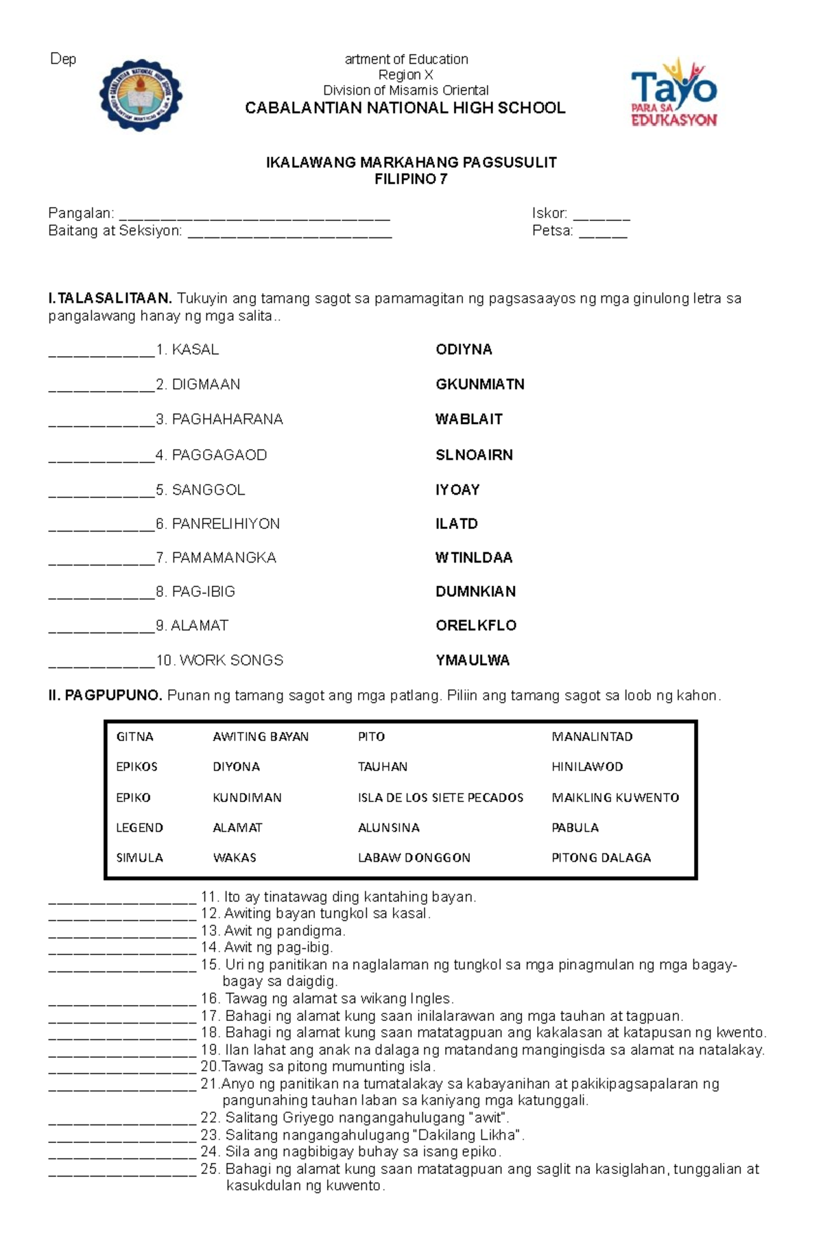 Filipino 7 2ND Quarter EXAM - Dep artment of Education Region X ...