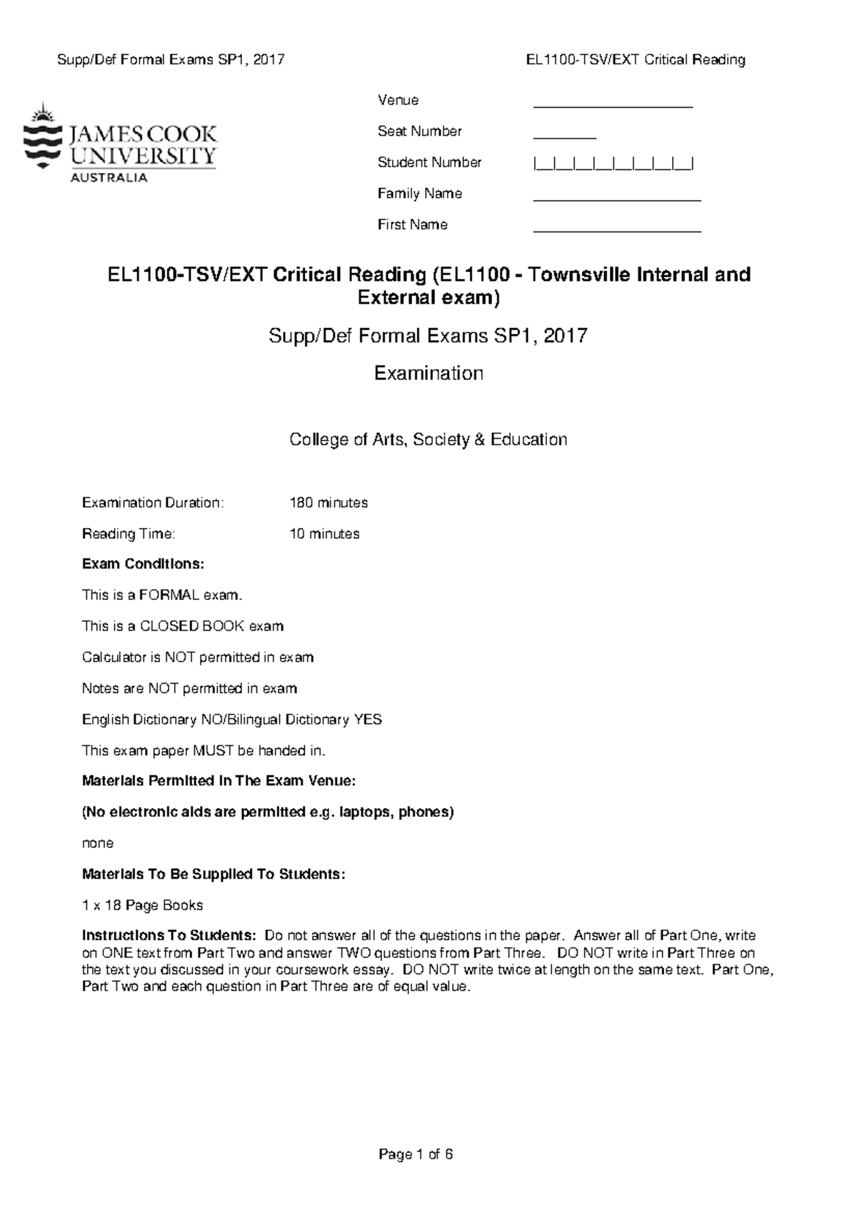 Exam 2017, questions - Formal Exams SP1, 2017 Critical Reading Venue ...