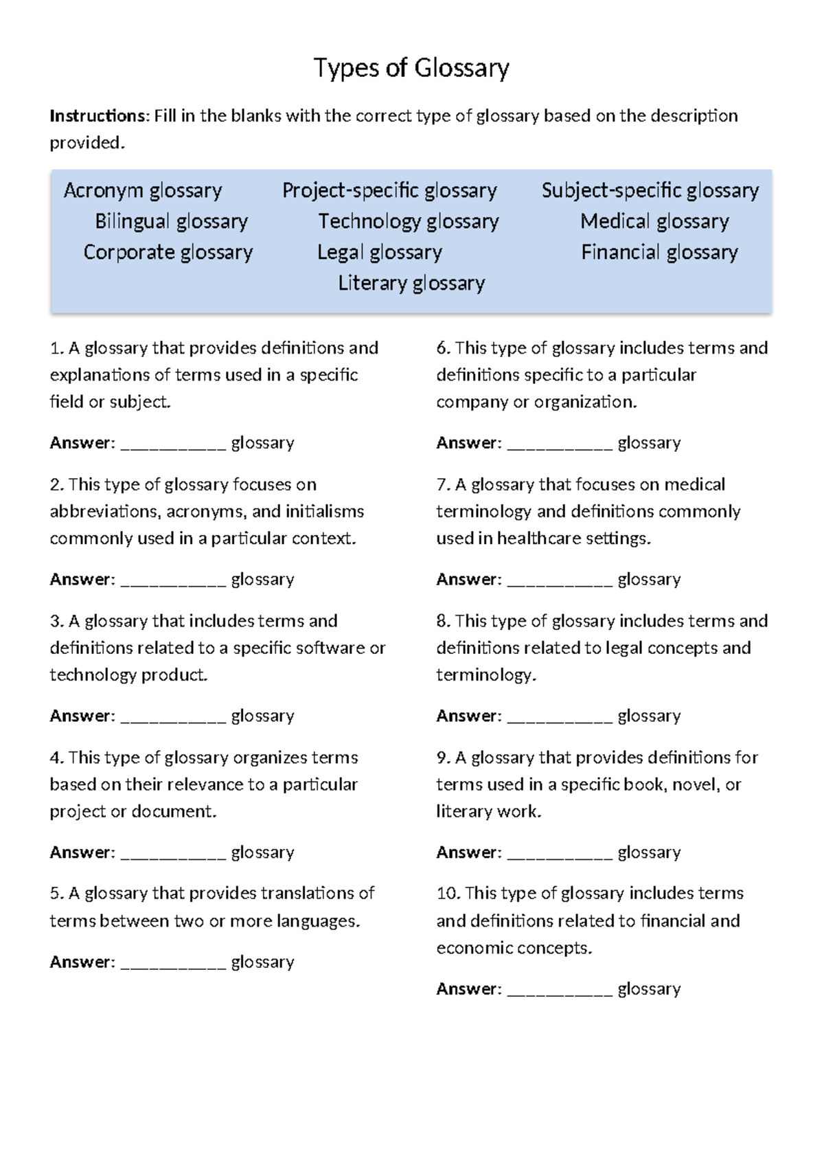 Types of Glossary - ffff - Types of Glossary Instructions: Fill in the ...