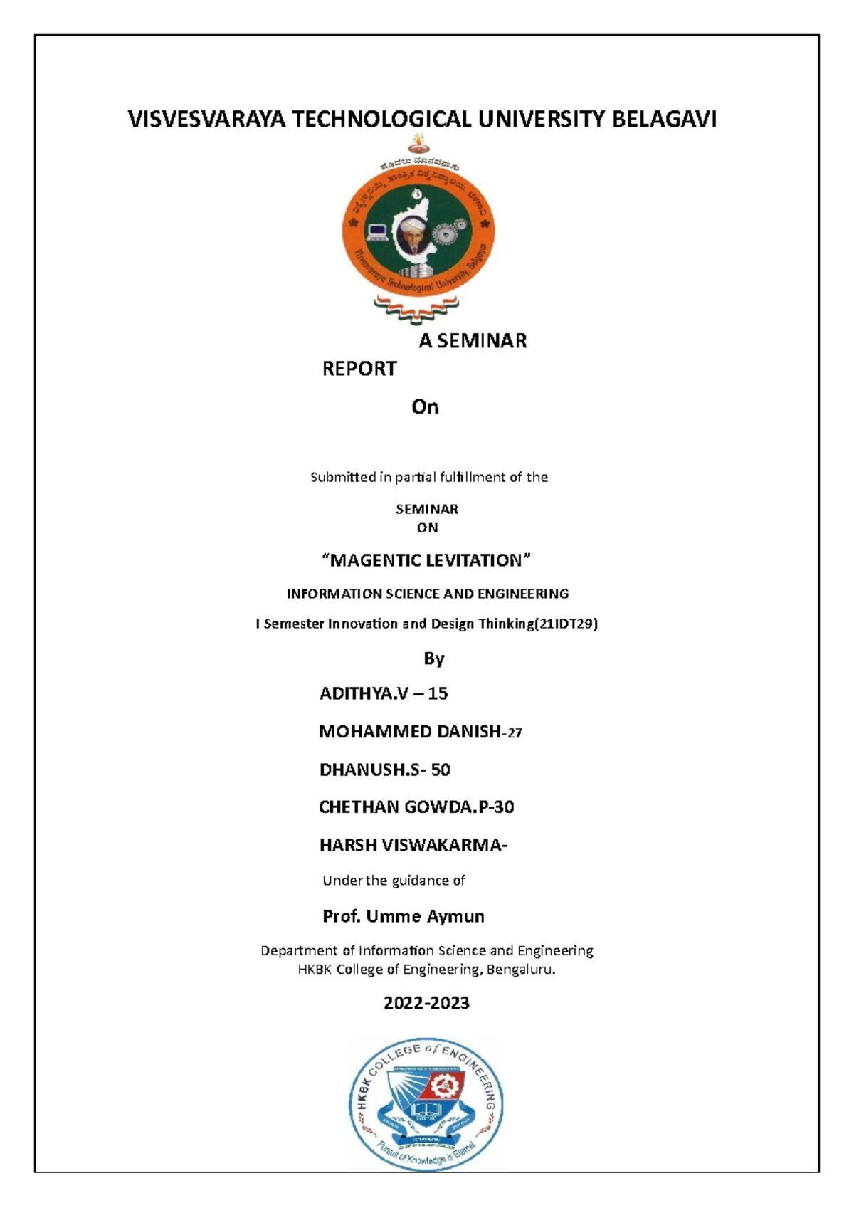 Magentic levitation - VISVESVARAYA TECHNOLOGICAL UNIVERSITY BELAGAVI A ...