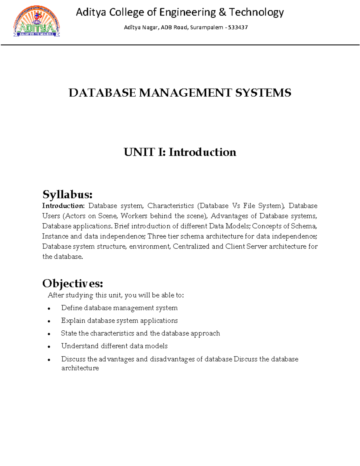 DBMS (R20) UNIT - 1 - introduction to data base - Aditya College of ...