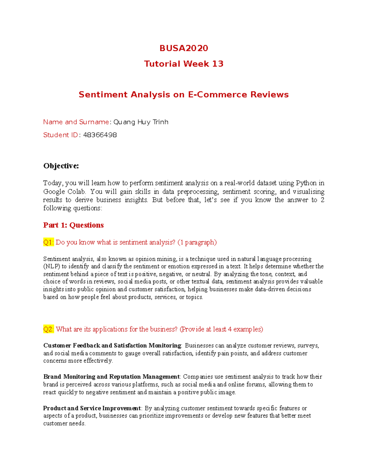 Week 13 tutorial - Sentiment analysis for business - BUSA Tutorial Week 13 Sentiment Analysis on ...