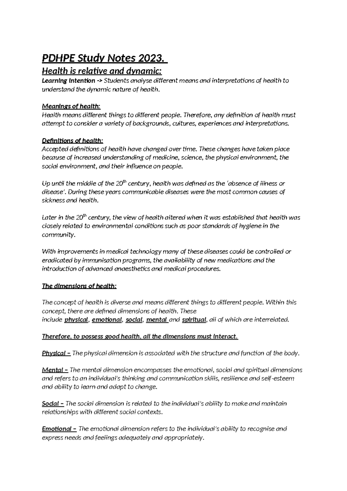 Pdhpe Study Notes - PDHPE Study Notes 2023. Health is relative and ...