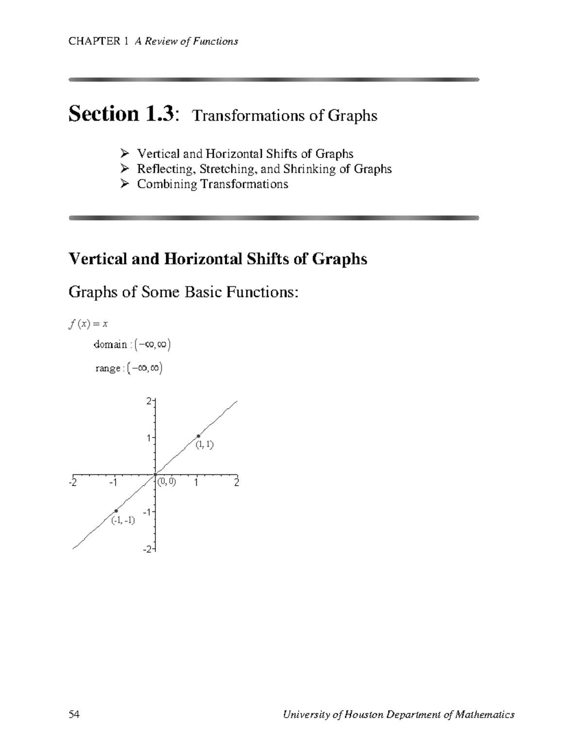 Transformations of Graphs Chapter 1 Section 3 - CHAPTER 1 A Review of Functions 54 University of ...