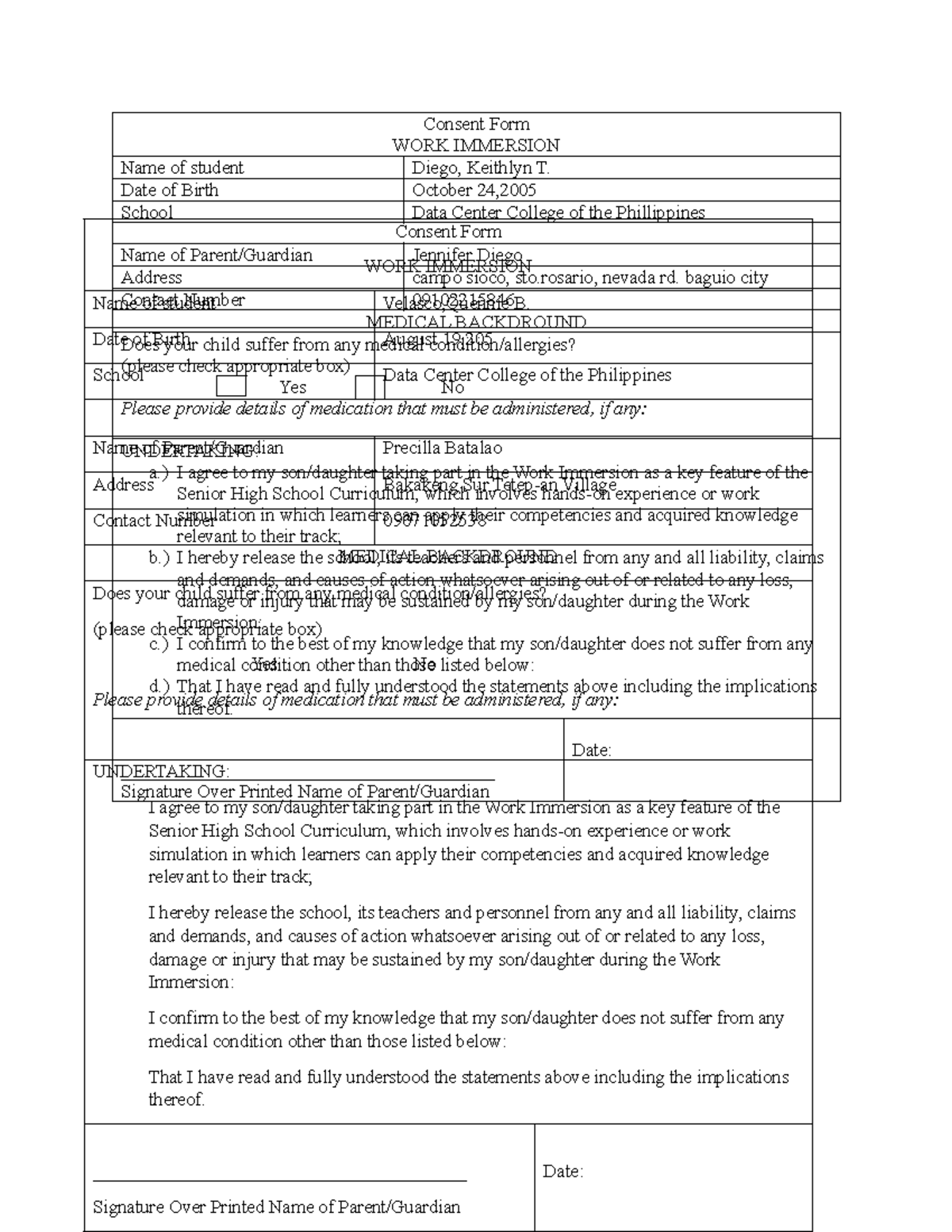 Consent-Form - Consent Form WORK IMMERSION Name of student Diego ...
