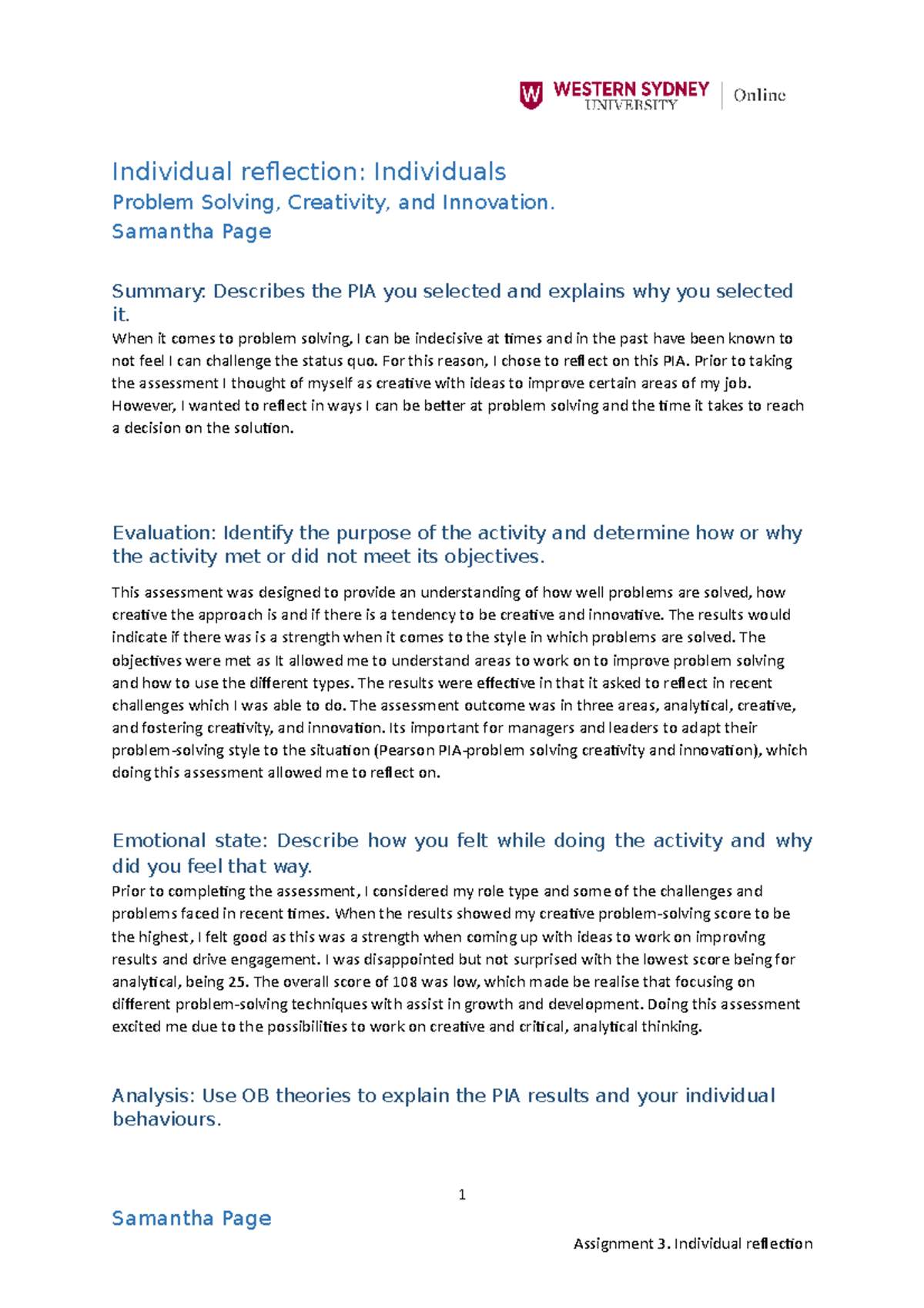 OB assignment 3 reflections final - Individual relection: Individuals ...