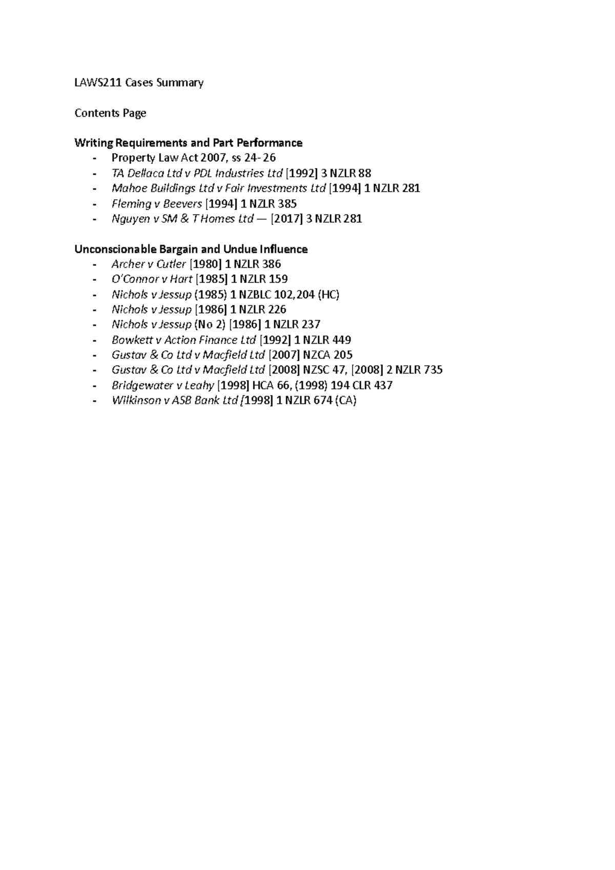 LAWS211 Cases Summary - first half trimester 2 - LAWS211 Cases Summary Contents Page Writing ...