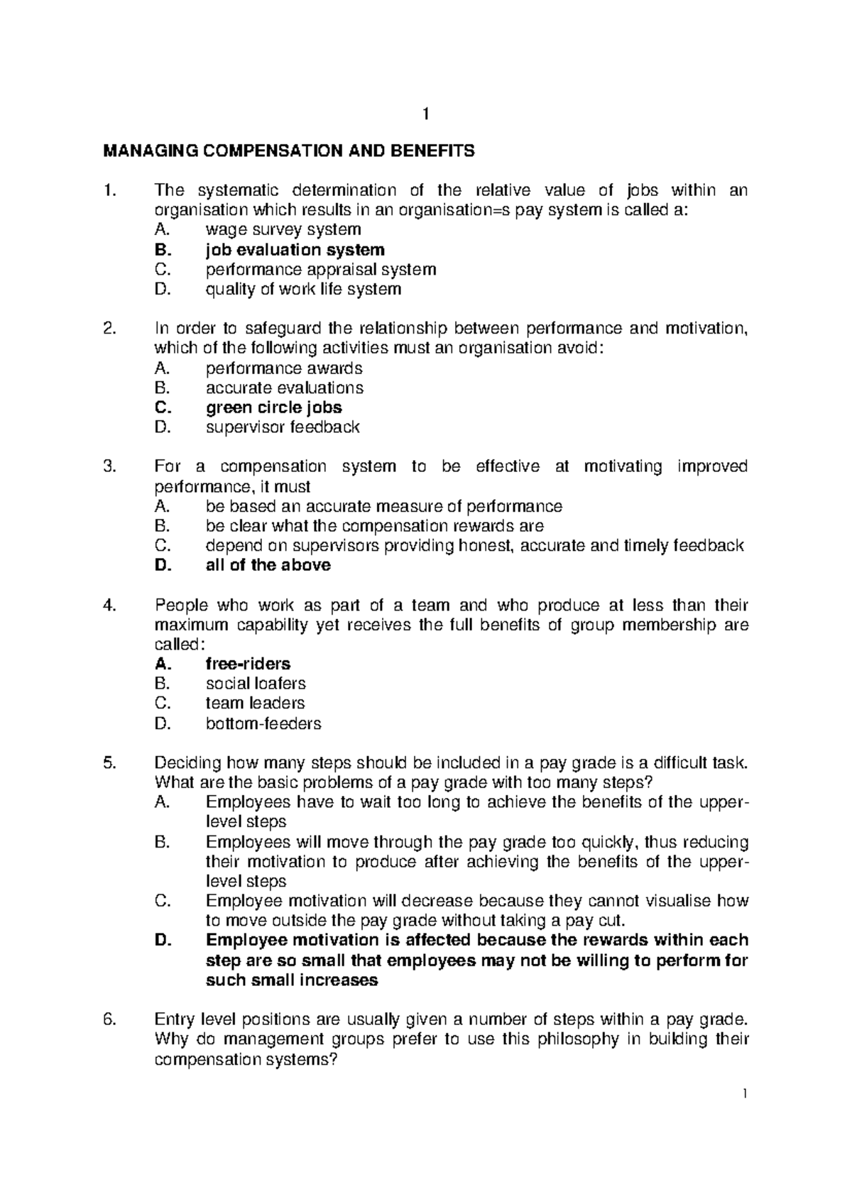 11 multiple questions and answers - MANAGING COMPENSATION AND BENEFITS ...