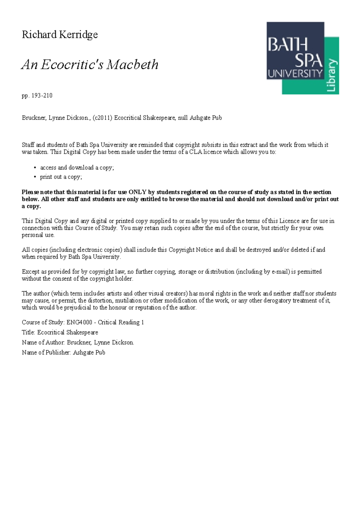 Ecocritics Macbeth - Lecture notes ALL - • • Richard Kerridge An ...