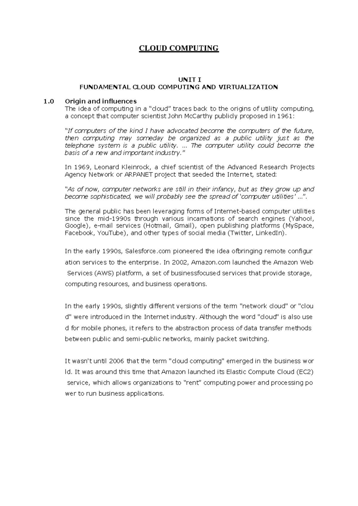 Cloud Computing Final Course material - CLOUD COMPUTING UNIT I FUNDAMENTAL CLOUD COMPUTING AND ...