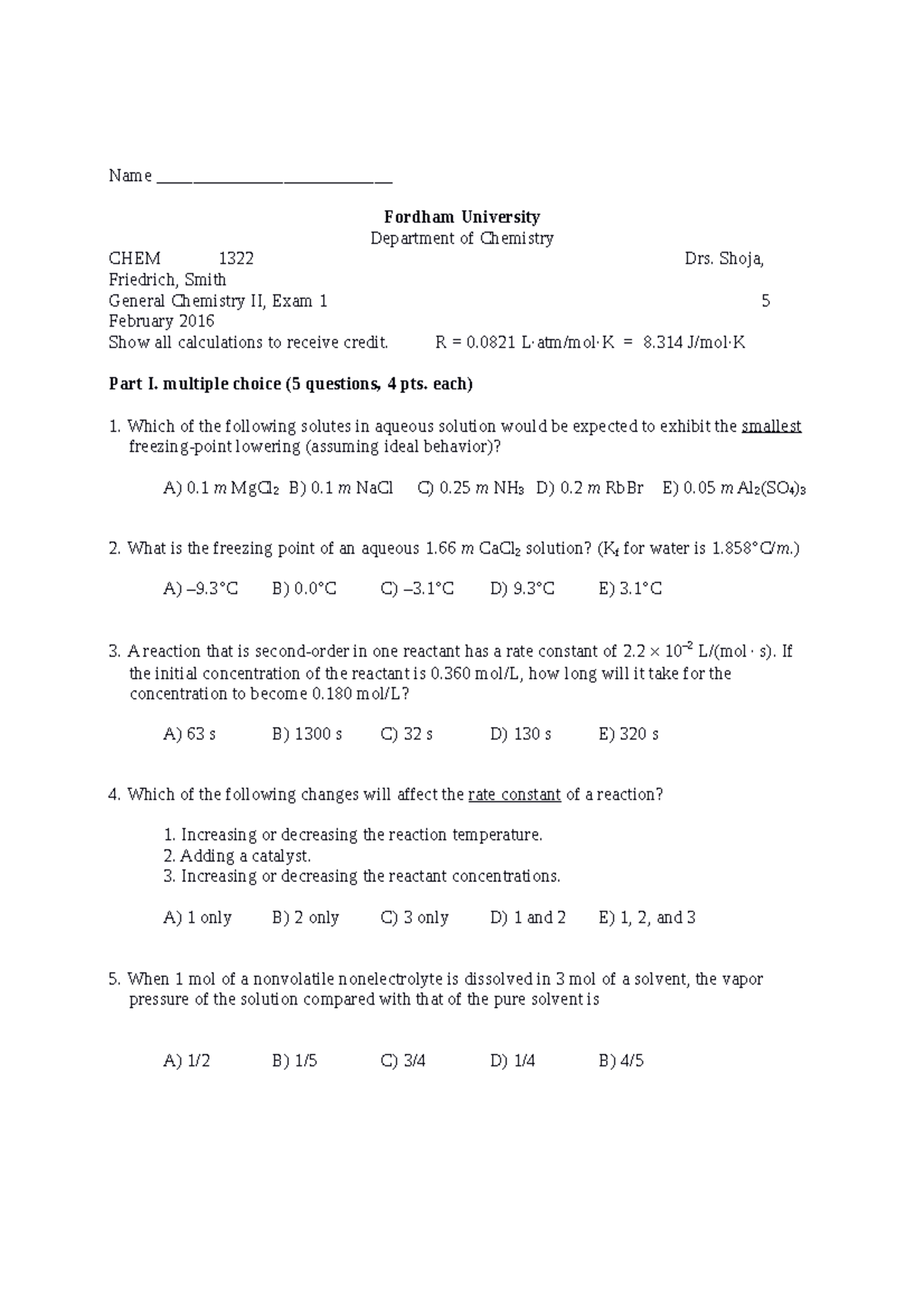 Chem II Practice Exams V2022 - Name __________________________ Fordham ...