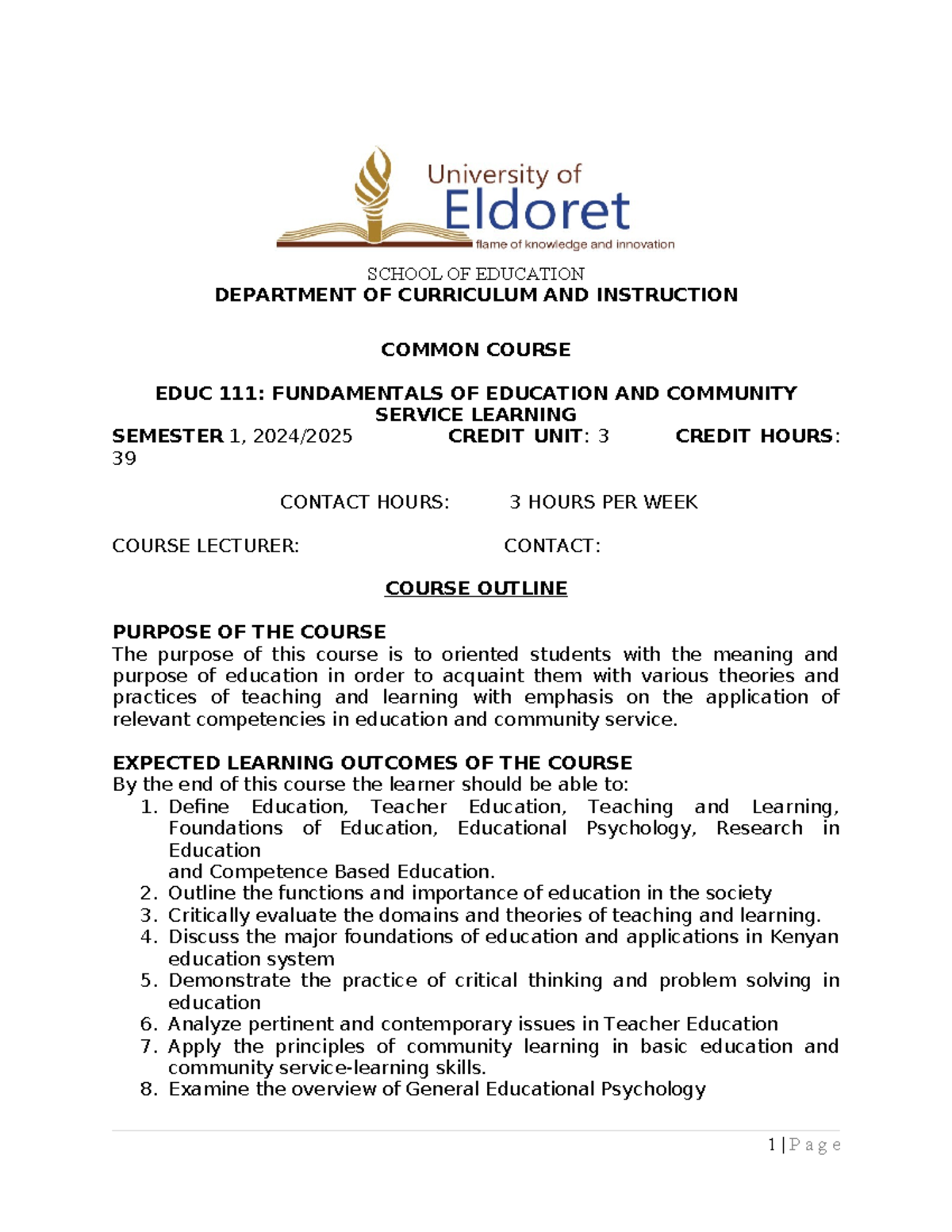 EDUC 111 Course Outline Updated Shared - SCHOOL OF EDUCATION DEPARTMENT ...