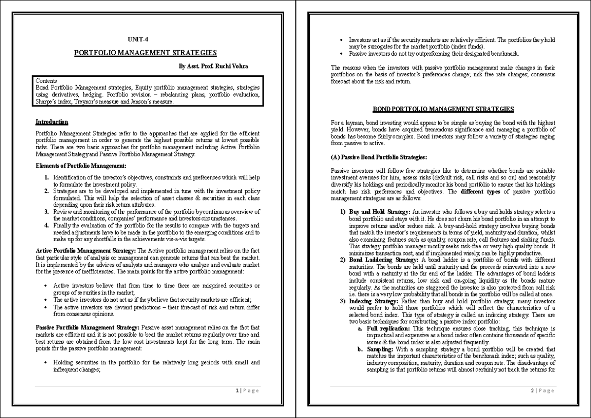 UNIT 4 Portfolio mgt strategies (1) - UNIT- PORTFOLIO MANAGEMENT ...