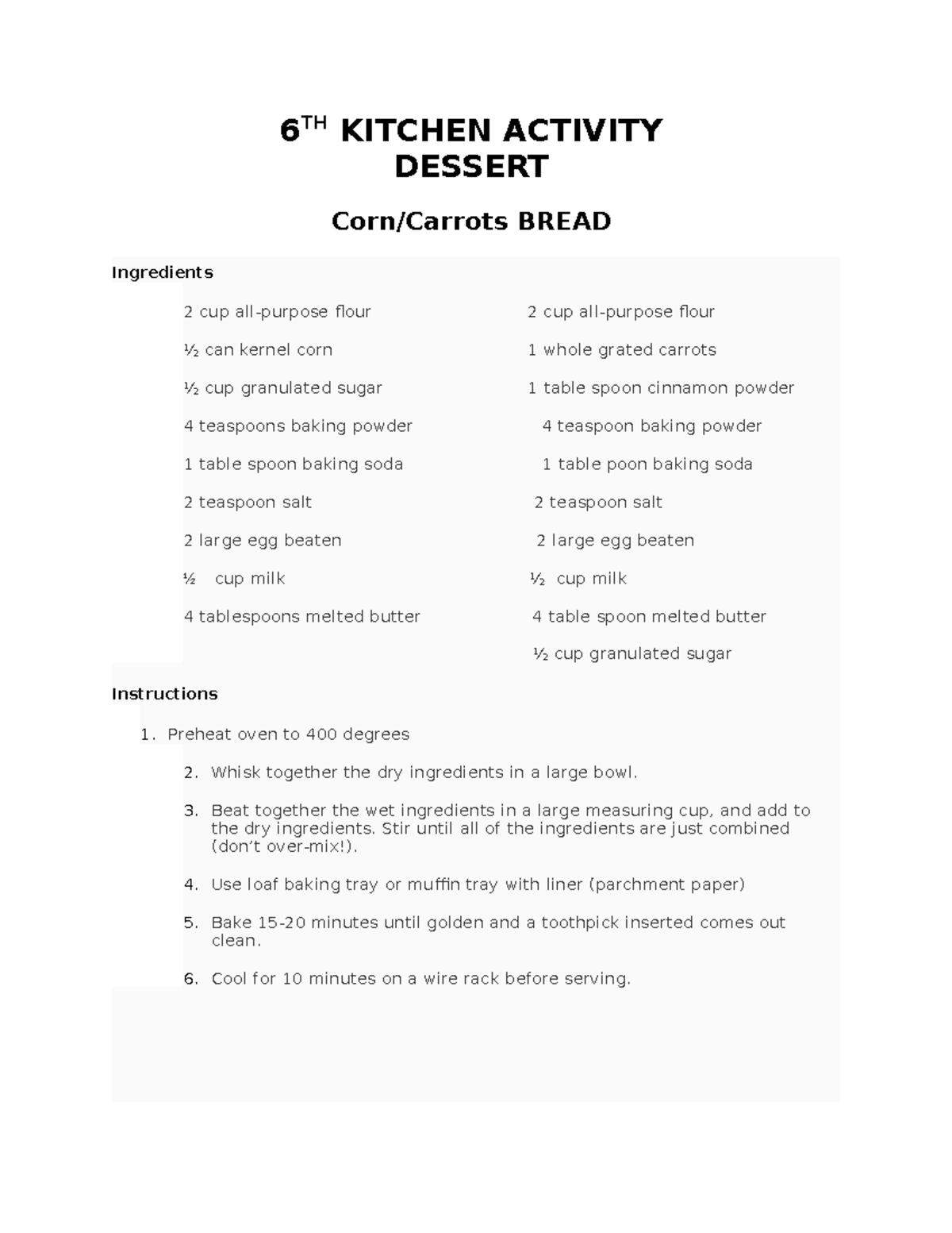 TWSP 6TH Kitchen Activity - 6 TH KITCHEN ACTIVITY DESSERT Corn/Carrots ...
