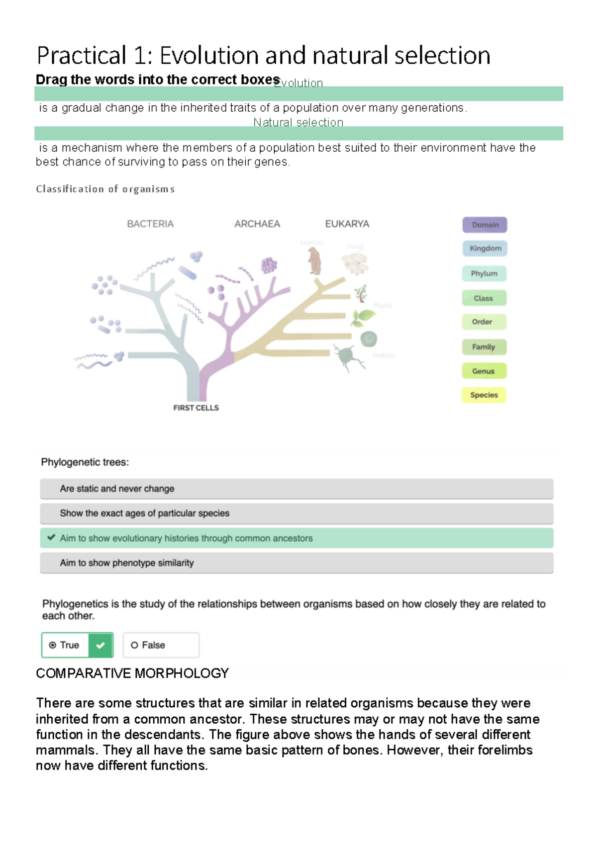 BIOS1101 Prac notes - Practical 1: Evolution and natural selection Drag ...