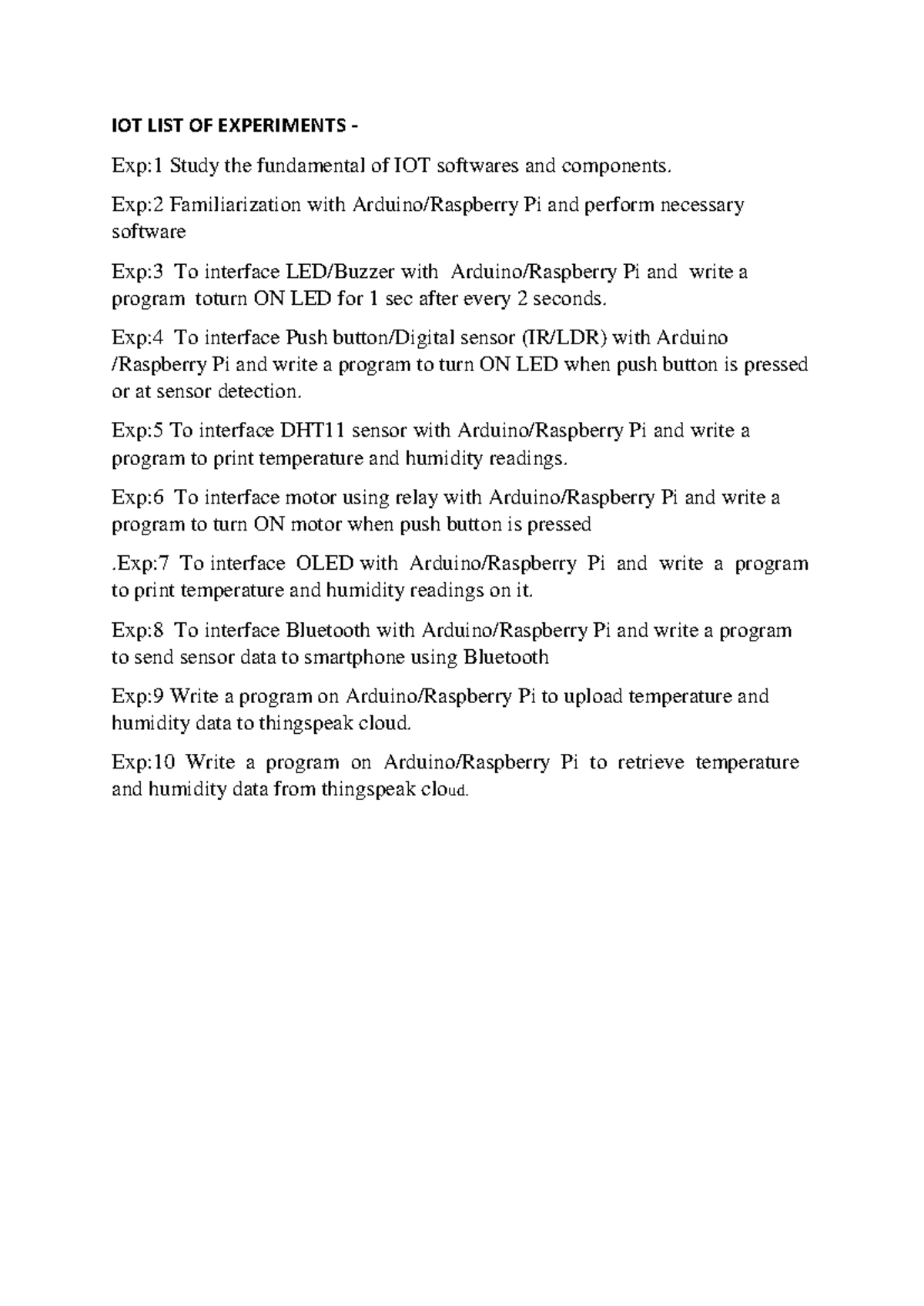 IOT LIST OF Experiments - IOT LIST OF EXPERIMENTS - Exp:1 Study the fundamental of IOT softwares ...