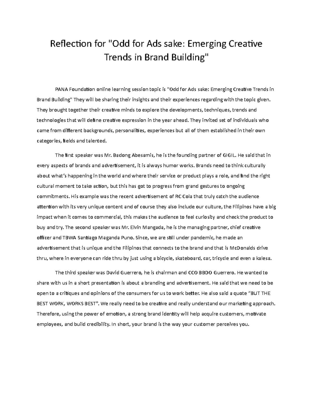 Ads Sake Reflection Paper - Reflection for "Odd for Ads sake: Emerging ...