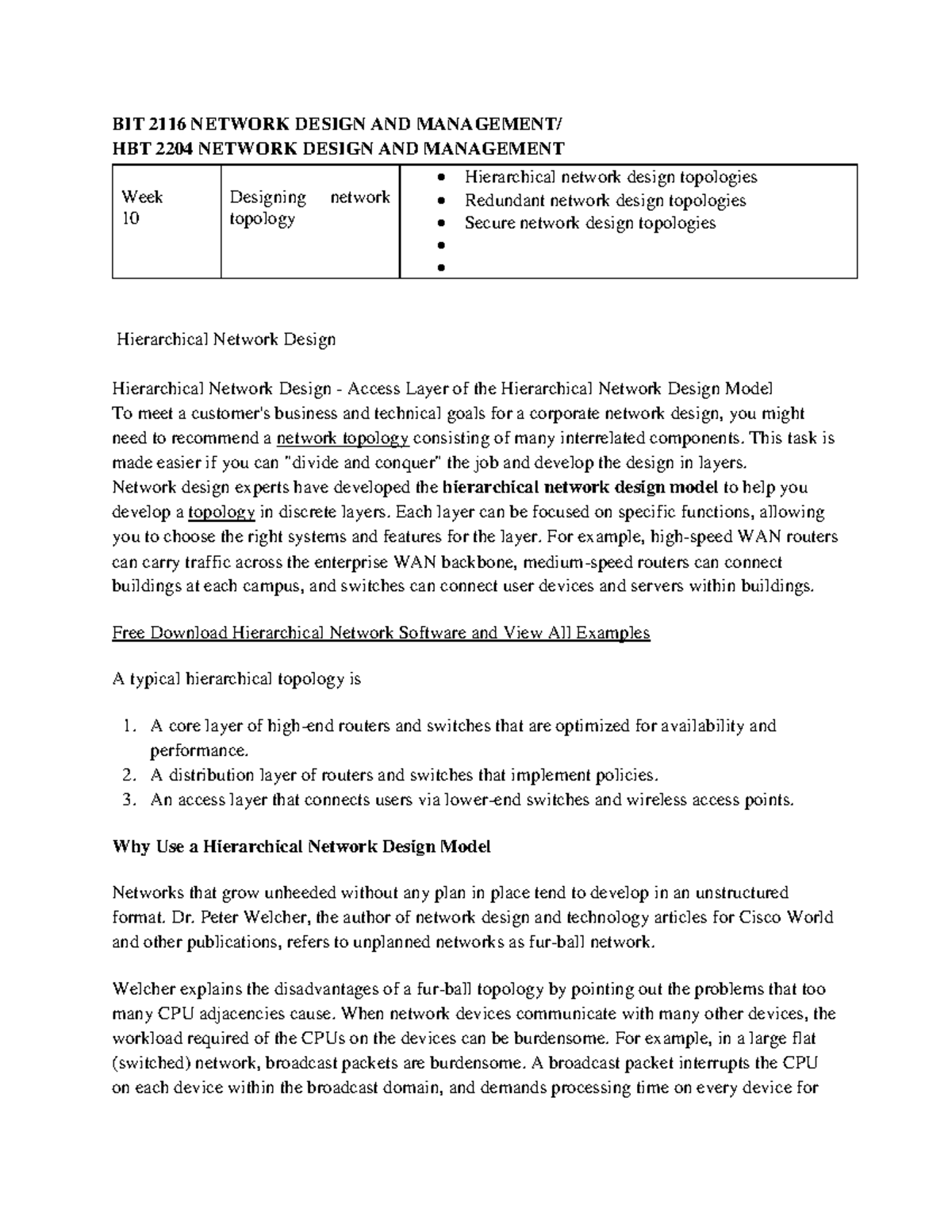 Network Design WK10 - BIT 2116 NETWORK DESIGN AND MANAGEMENT/ HBT 2204 ...