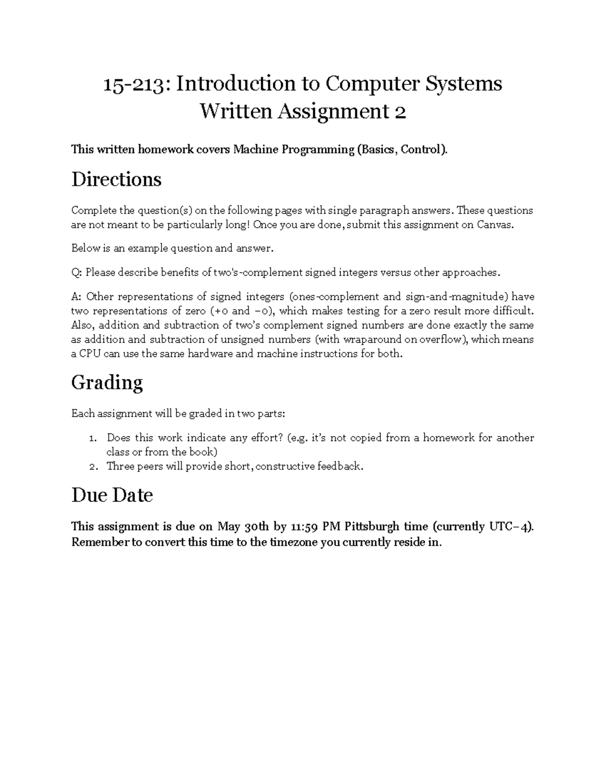 WA2 Solutions - written solution - 15-213: Introduction to Computer Systems Written Assignment 2 ...