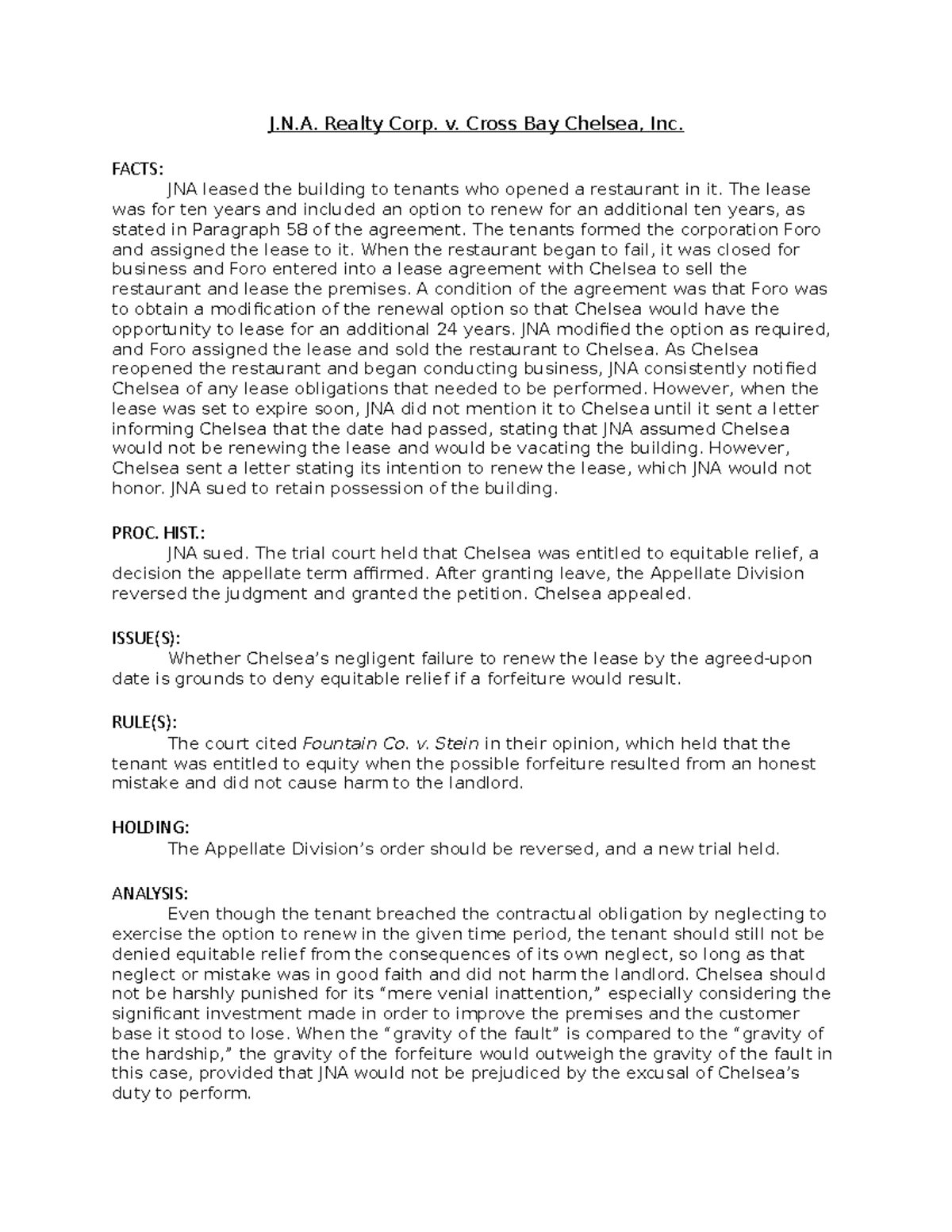 JNA v. Chelsea - Case brief - J.N. Realty Corp. v. Cross Bay Chelsea ...