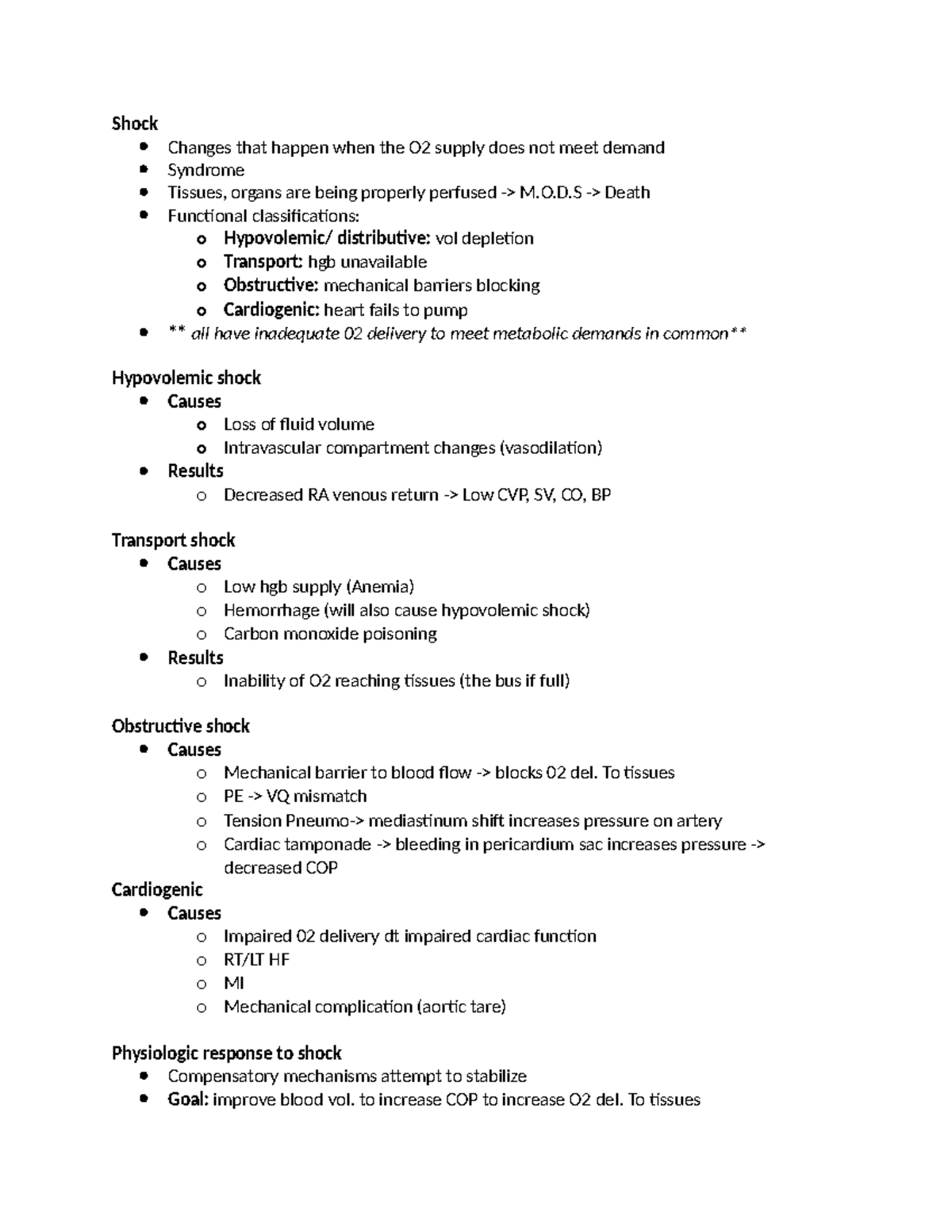 N297 Final Exam Shock 2 - Shock Changes that happen when the O2 supply ...