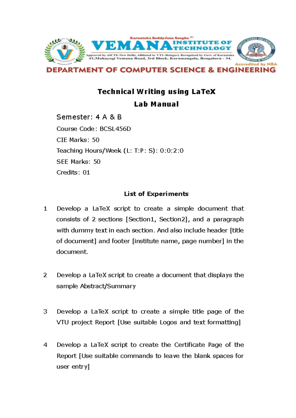 Latex manual - Technical Writing using LaTeX Lab Manual Semester: 4 A & B Course Code: BCSL456D ...