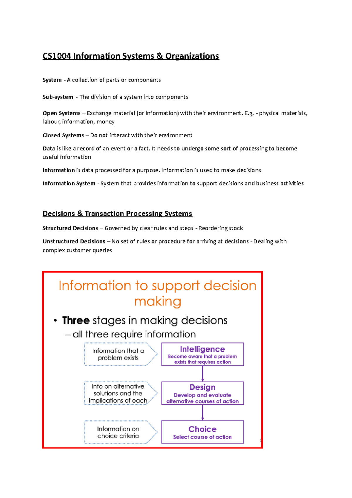 Information Systems - notes - CS1004 Information Systems ...