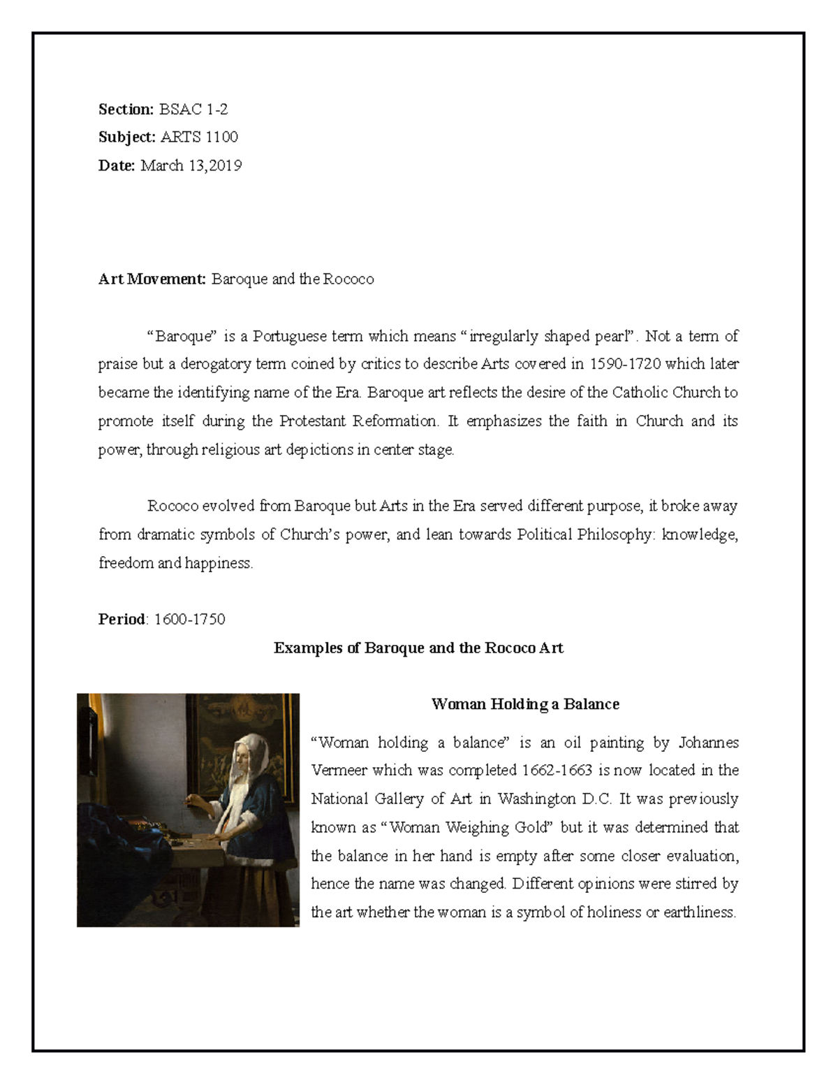 Baroque-and-Rococo_ART1100 - Section: BSAC 1- Subject: ARTS 1100 Date ...