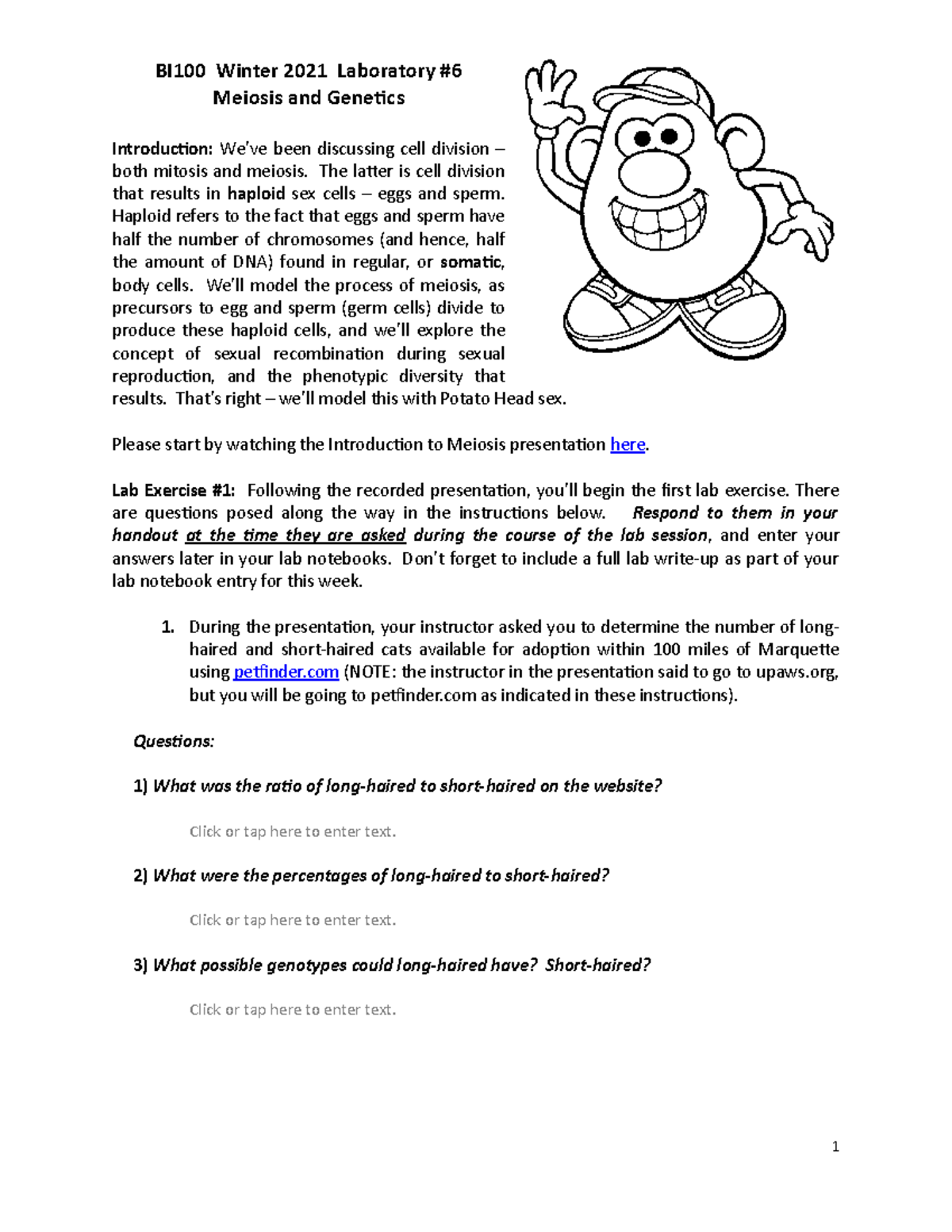 BI100 Meiosis Lab W21 Online - BI100 Winter 2021 Laboratory Meiosis and ...