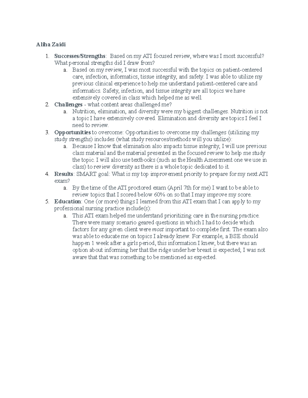 ATI Practice exam A study plan - Aliha Zaidi Successes/Strengths ...