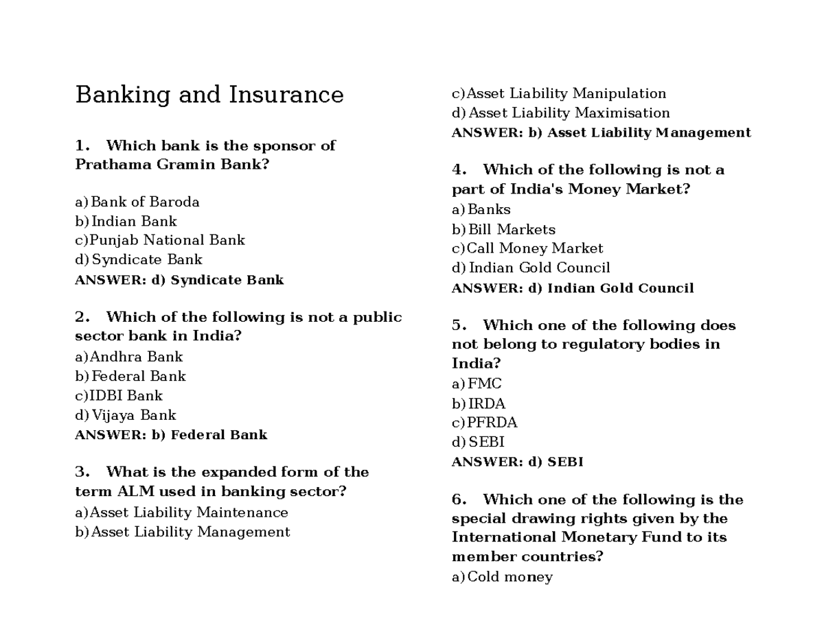 Banking and Insurance MCQ - Banking and Insurance 1. Which bank is the ...