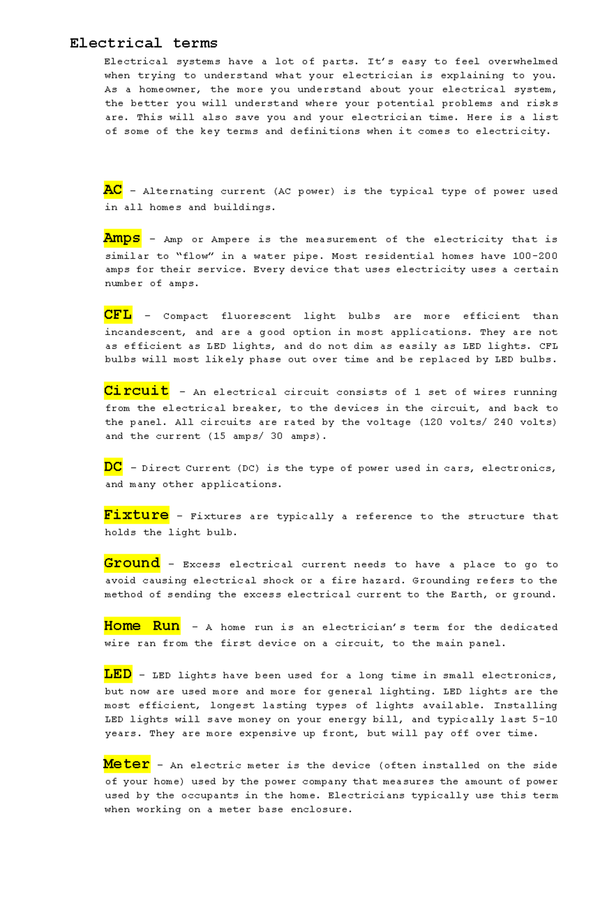 ARC 101 Electrical terms - Electrical terms Electrical systems have a ...