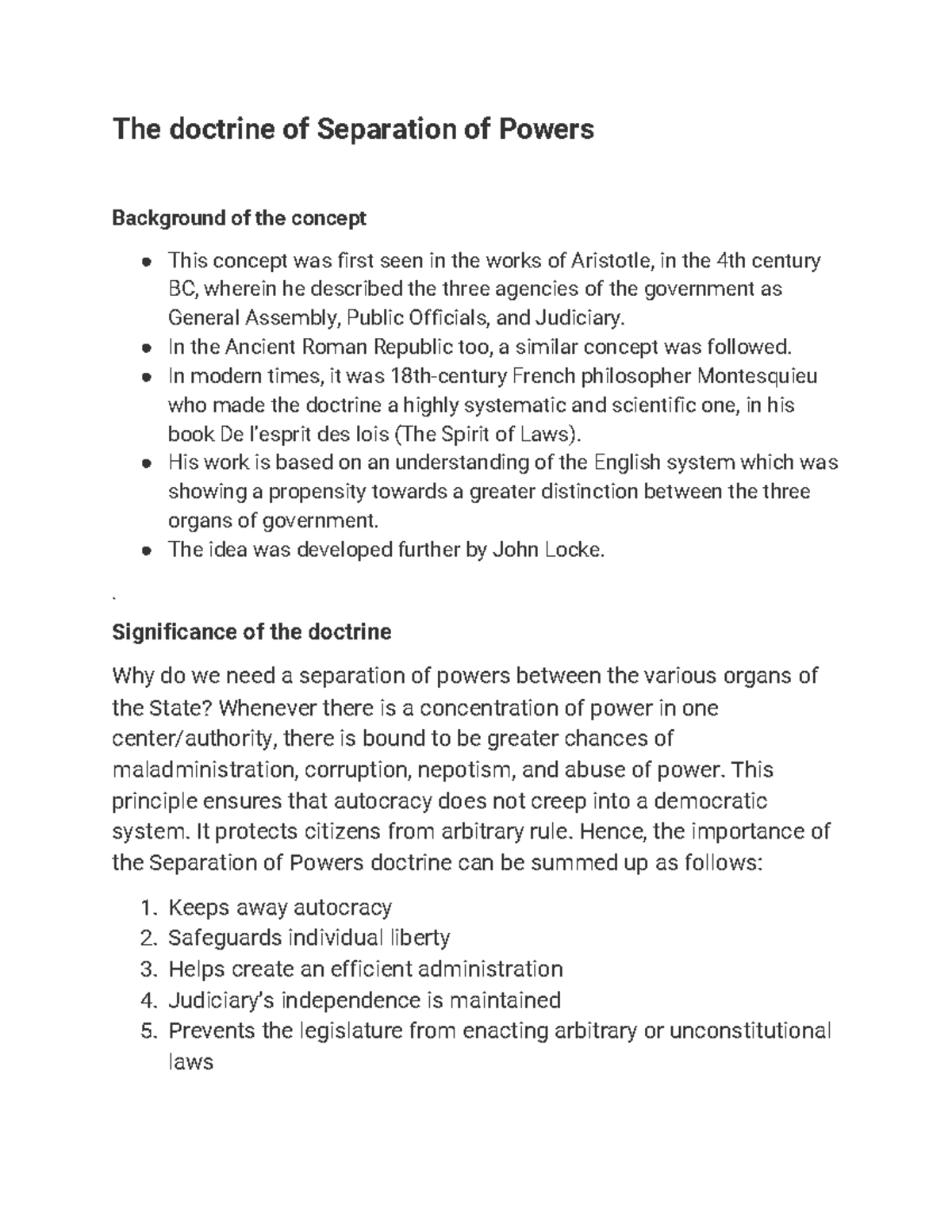 The doctrine of Separation of Powers -2 - The doctrine of Separation of Powers **Background of ...