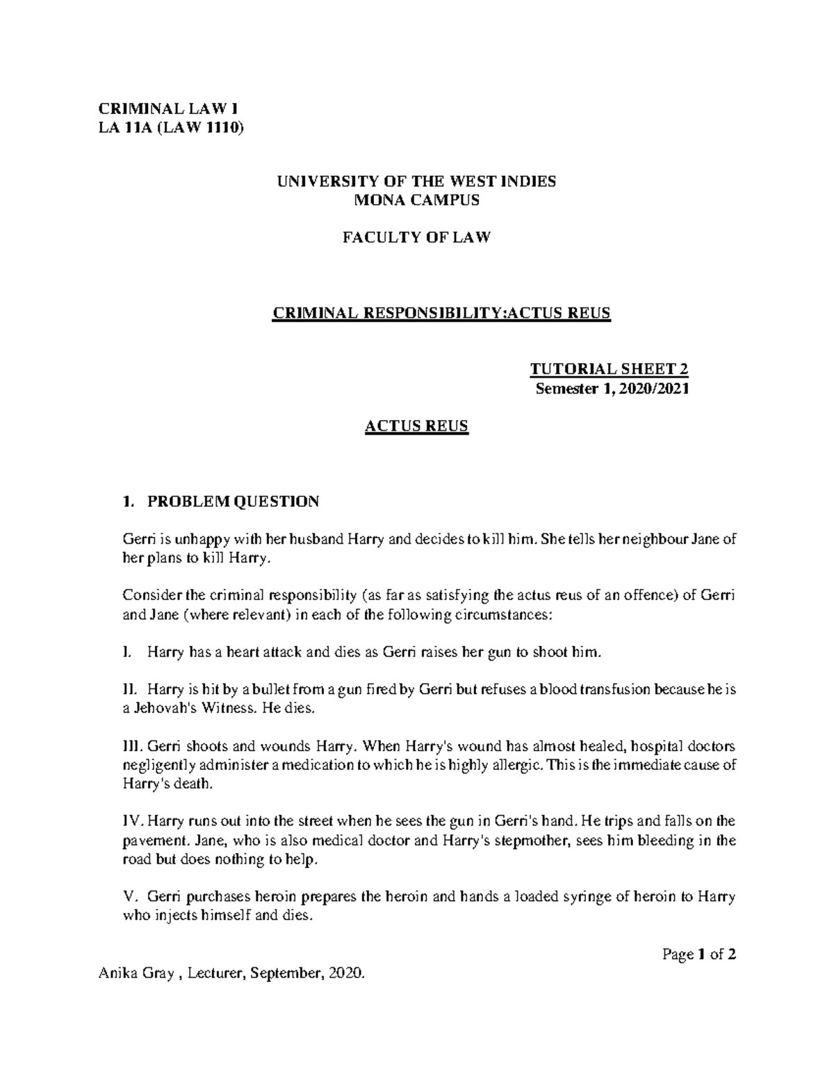 LAW1110 Tutorial Sheet 2 2022(1) - CRIMINAL LAW I LA 11A (LAW 1110 ...