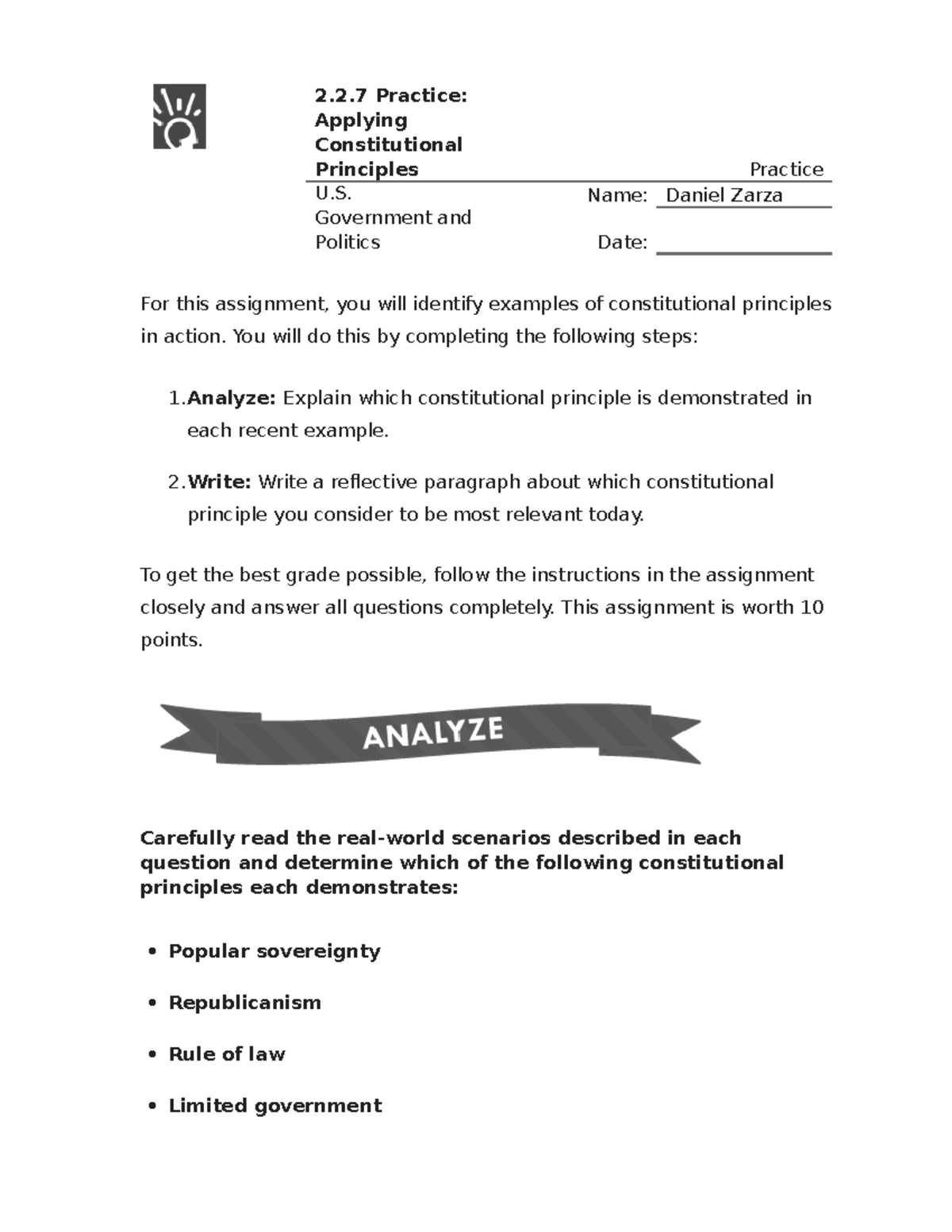 2.2.7 Practice - 2.2 Practice: Applying Constitutional Principles Practice U. Government and ...