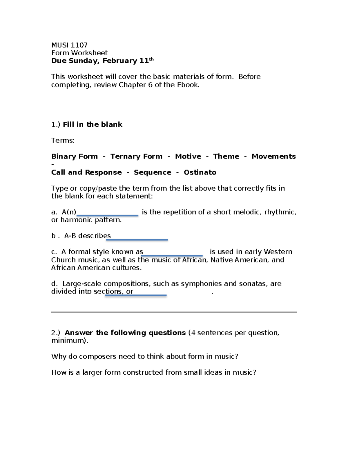LM 2 Form worksheet - MUSI 1107 Form Worksheet Due Sunday, February ...