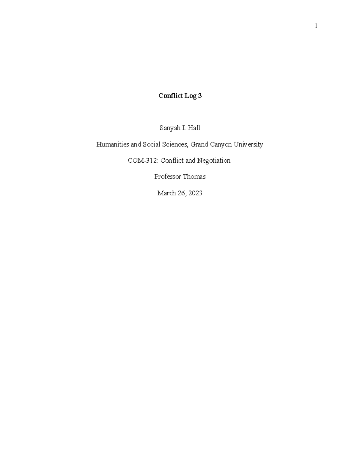 Conflict Log 3 - Hall Humanities and Social Sciences, Grand Canyon ...