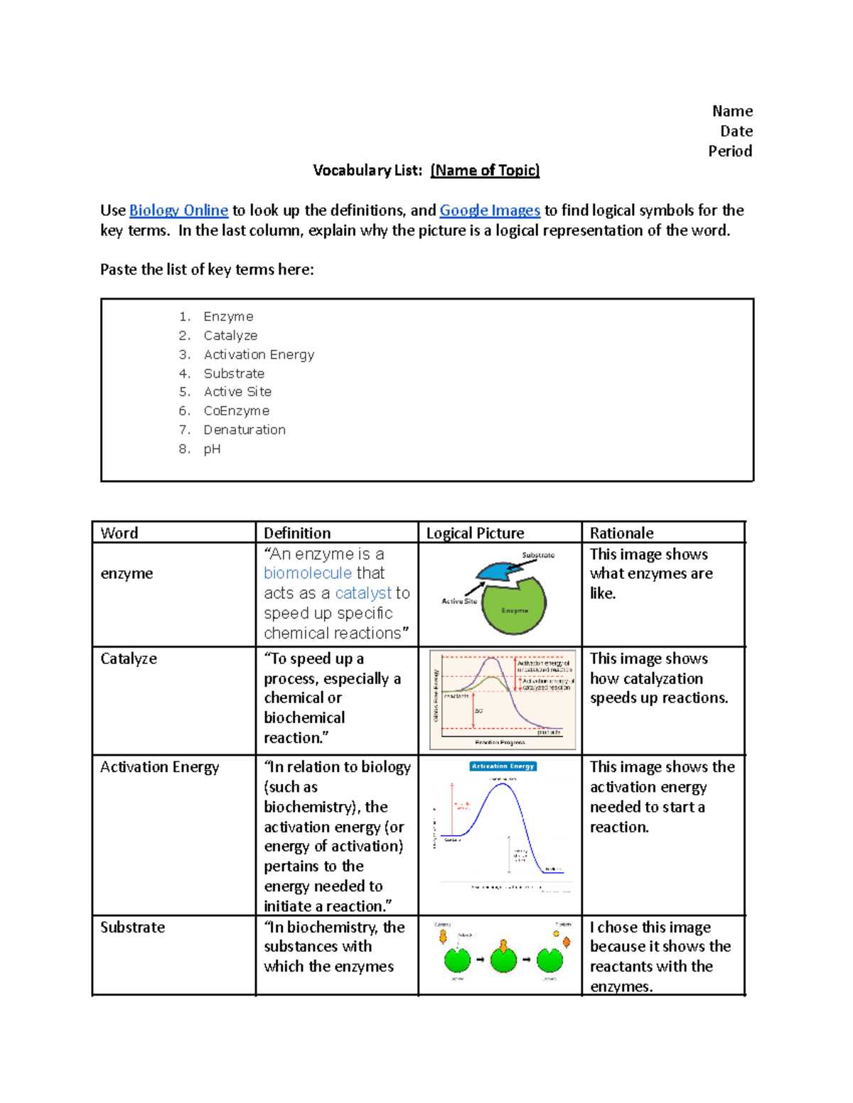 Biology Cell System Vocabulary List: Enzyme, Catalyze, Activation ...