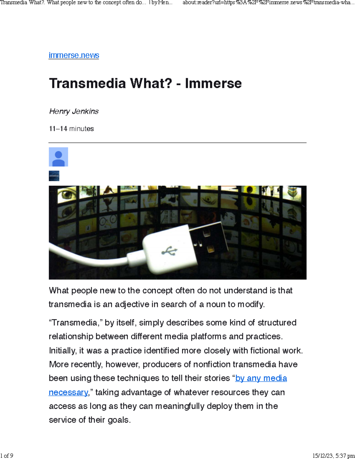 SU2 Jenkins 2010 Transmedia What . What people new to the concept often do… by Henry Jenkins ...