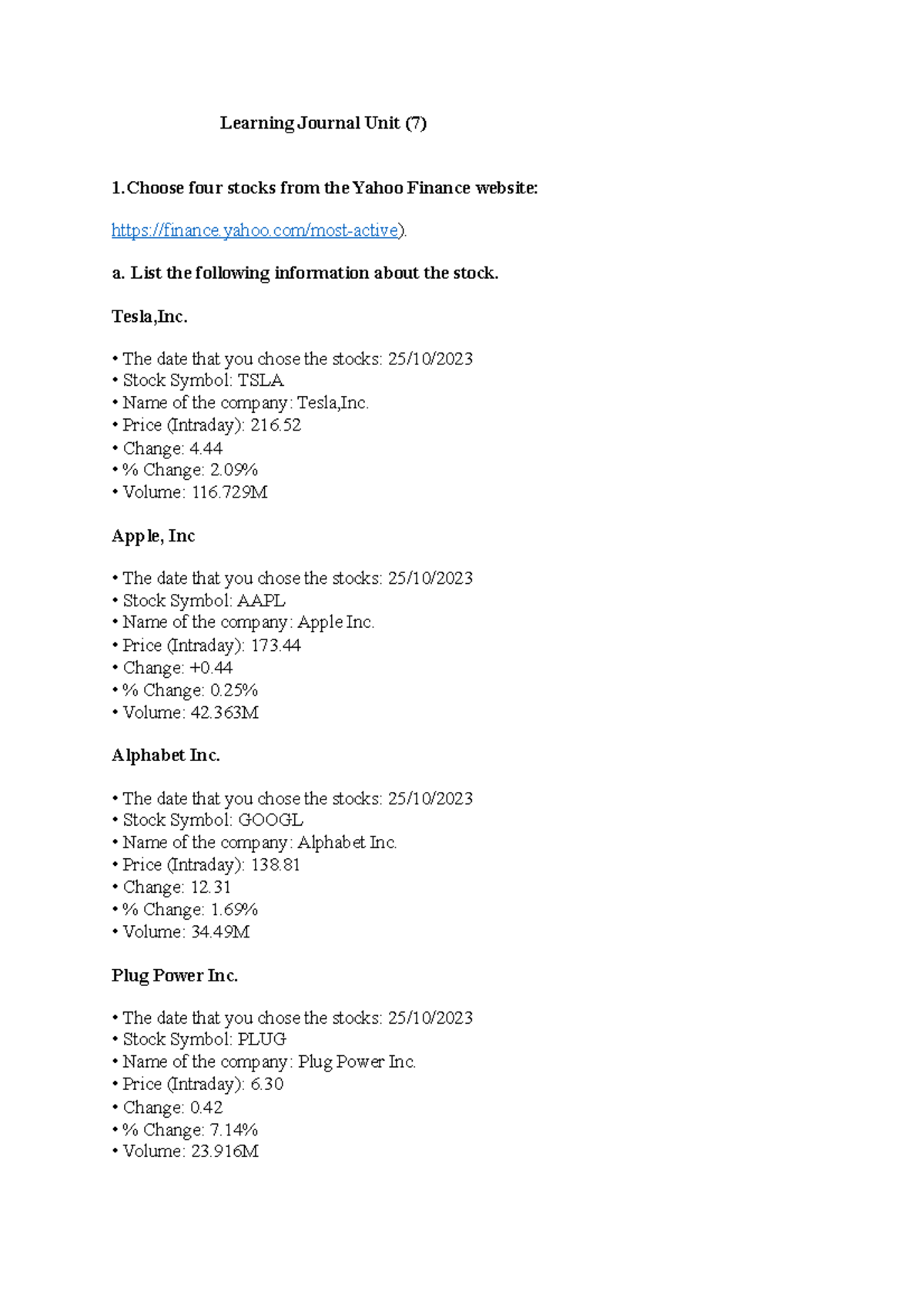Learning BUS 1103 - Learning Journal Unit (7) 1 four stocks from the Yahoo Finance website ...