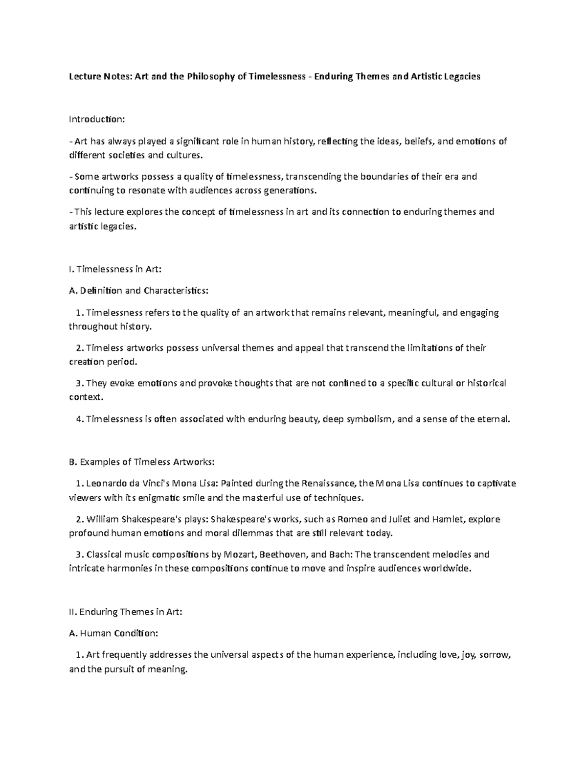 LLecture Notes: Art and the Philosophy of Timelessness - Enduring ...