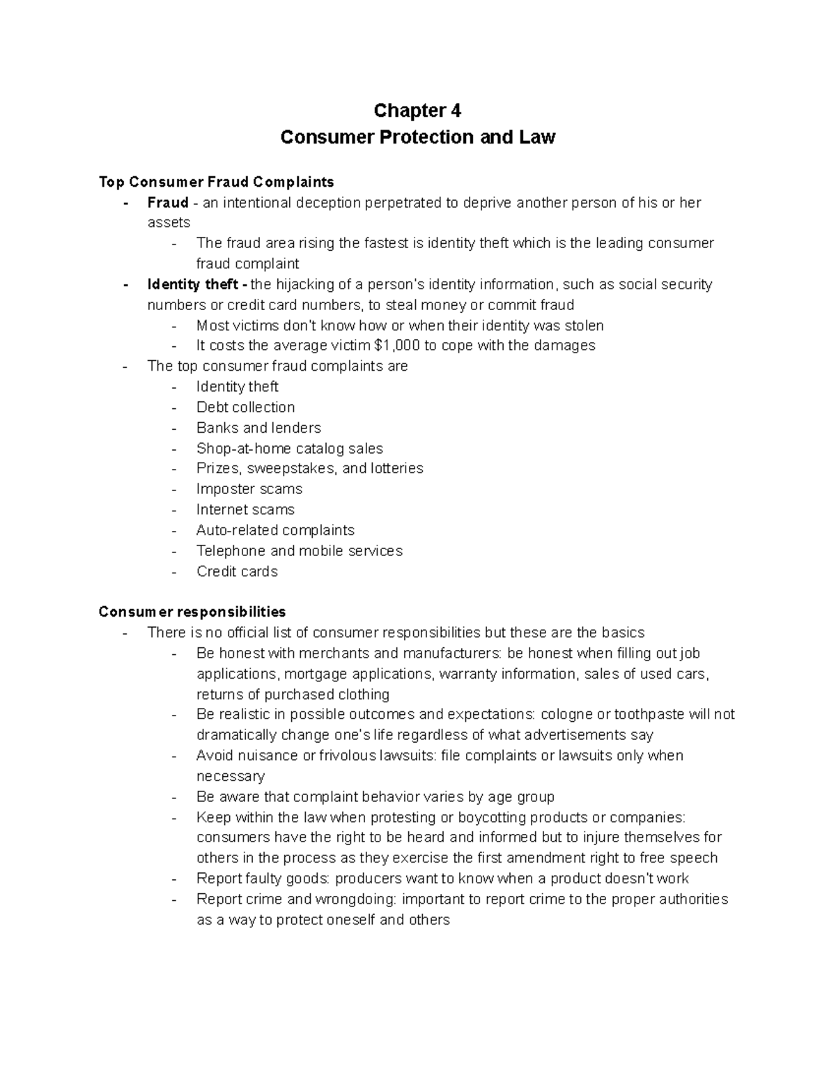 Chapter 4 notes - Chapter 4 Consumer Protection and Law Top Consumer ...