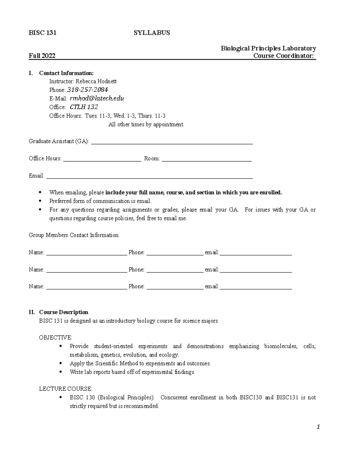 Fall 22 BISC 131 Syllabus - BISC 131 SYLLABUS Biological Principles ...
