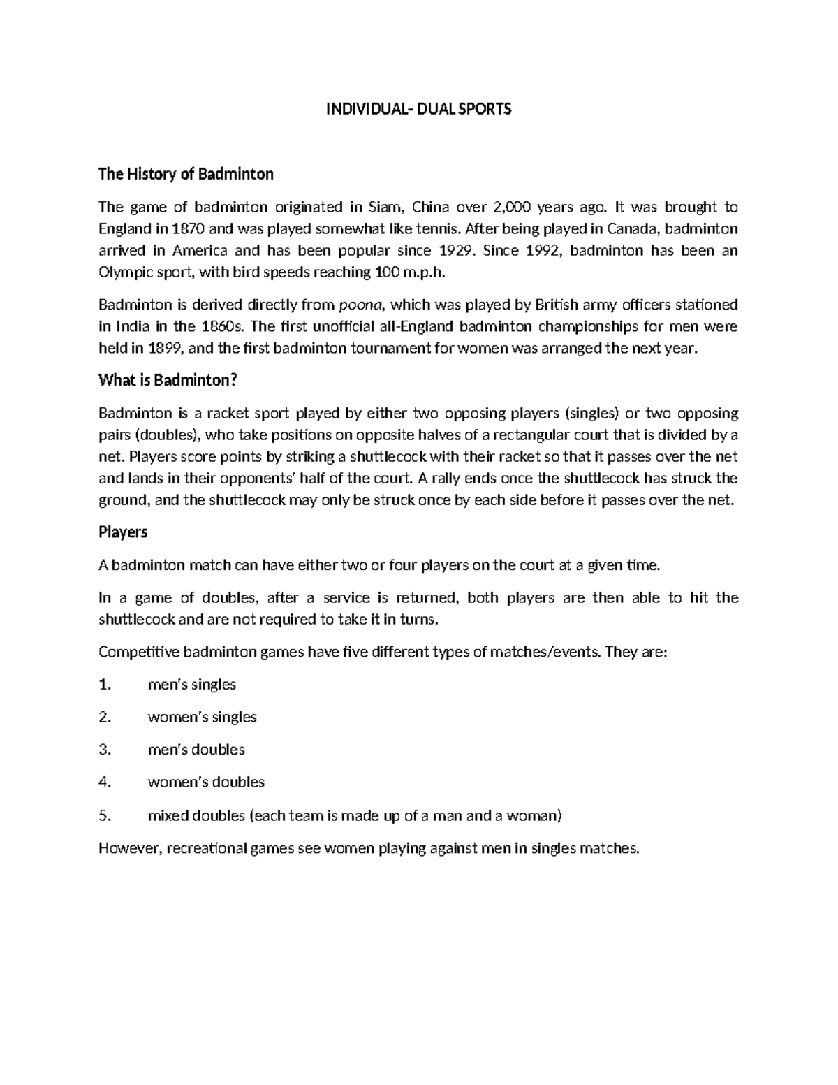 Individual-DUAL- Sports - INDIVIDUAL- DUAL SPORTS The History of ...